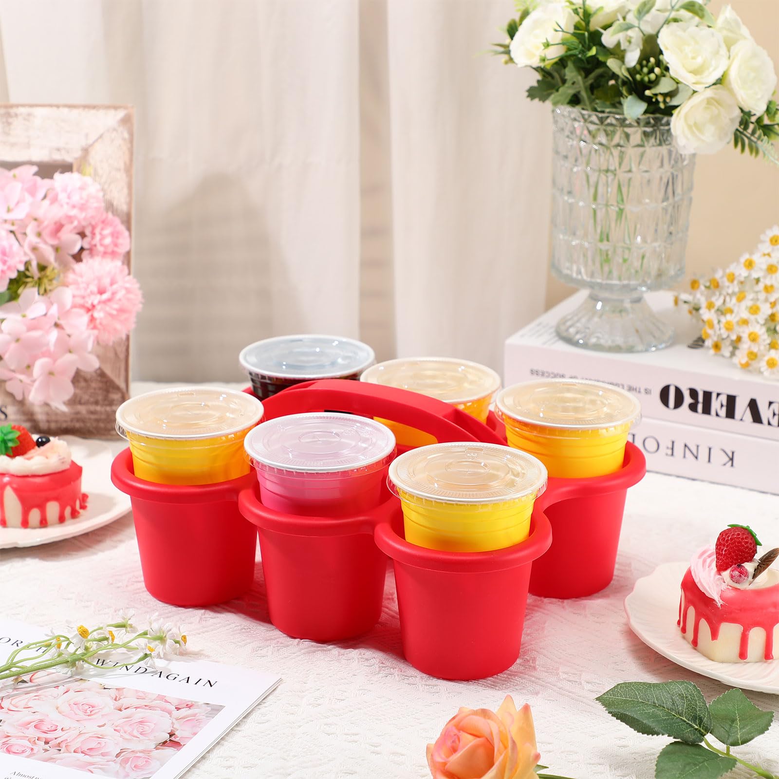 Uiifan 4 Pcs Drink Carrier Plastic Cup Holder Portable Drink Holder Reusable Cup Carrier with Compartment and Handle Food Delivery Accessories for Coffee Beverage Storage Organization Service Supplies