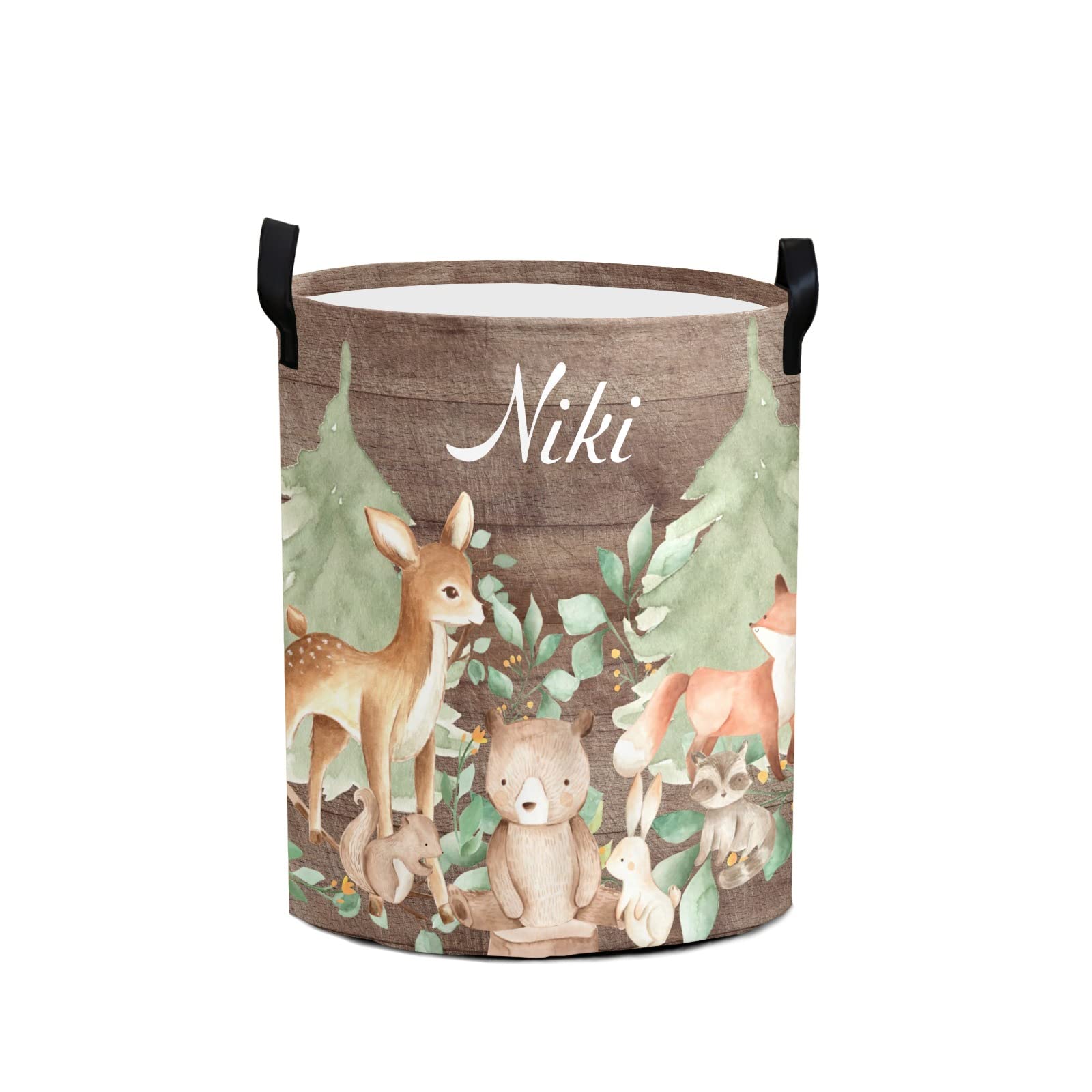Woodland Forest Animals Round Storage Basket Personalized Name Laundry Basket Waterproof Nursery Hamper with Handle for Living Room Bedroom and Clothes