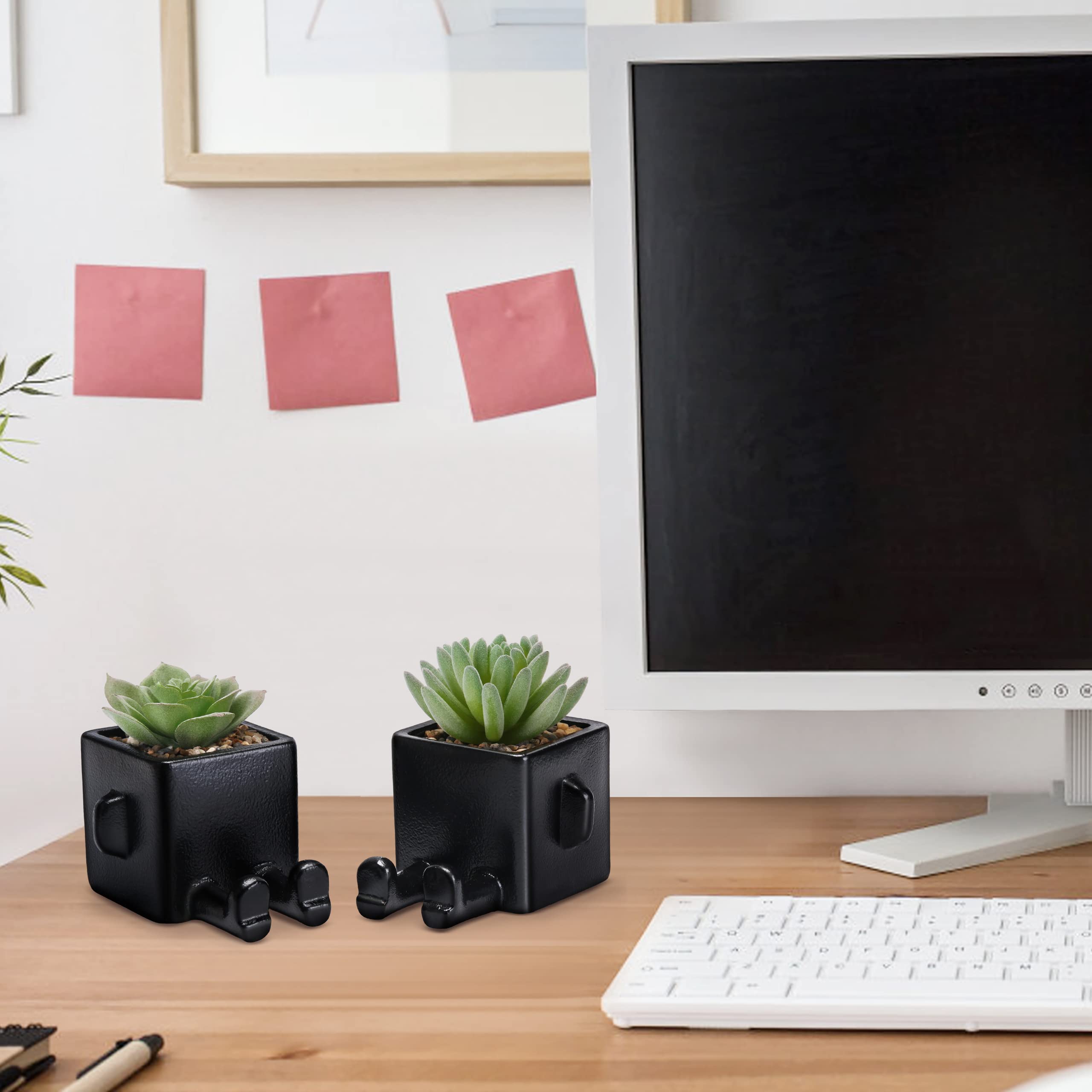 WOODWORD Desk Plant Fake Succulents in Black Modern Human Shaped Ceramic Pots Desk Decor for Office Plants Decor for Table Shelf Centerpieces, Cute Fake Plants Bathroom Decor 2pcs
