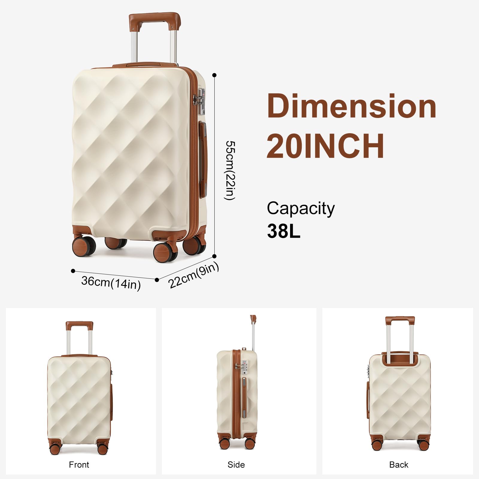 Somago 20 inch Carry On Luggage with Weekender Overnight Bag ABS Hardside Spinner Suitcase Built-In TSA Lock YKK Zipper,Beige