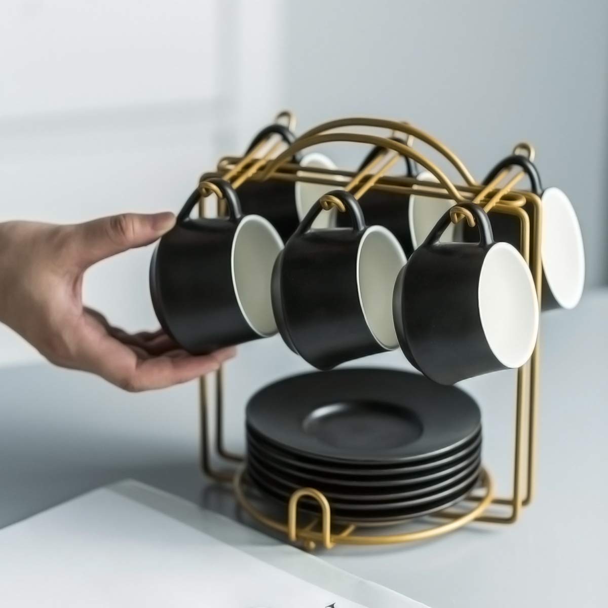 YHOSSEUN Espresso Cups with Saucers Set with Cup Holder 4 oz Cappuccino Cups Set of 6 Porcelain Espresso Cups Set and Metal Stand 3 OZ Demitasse Cup