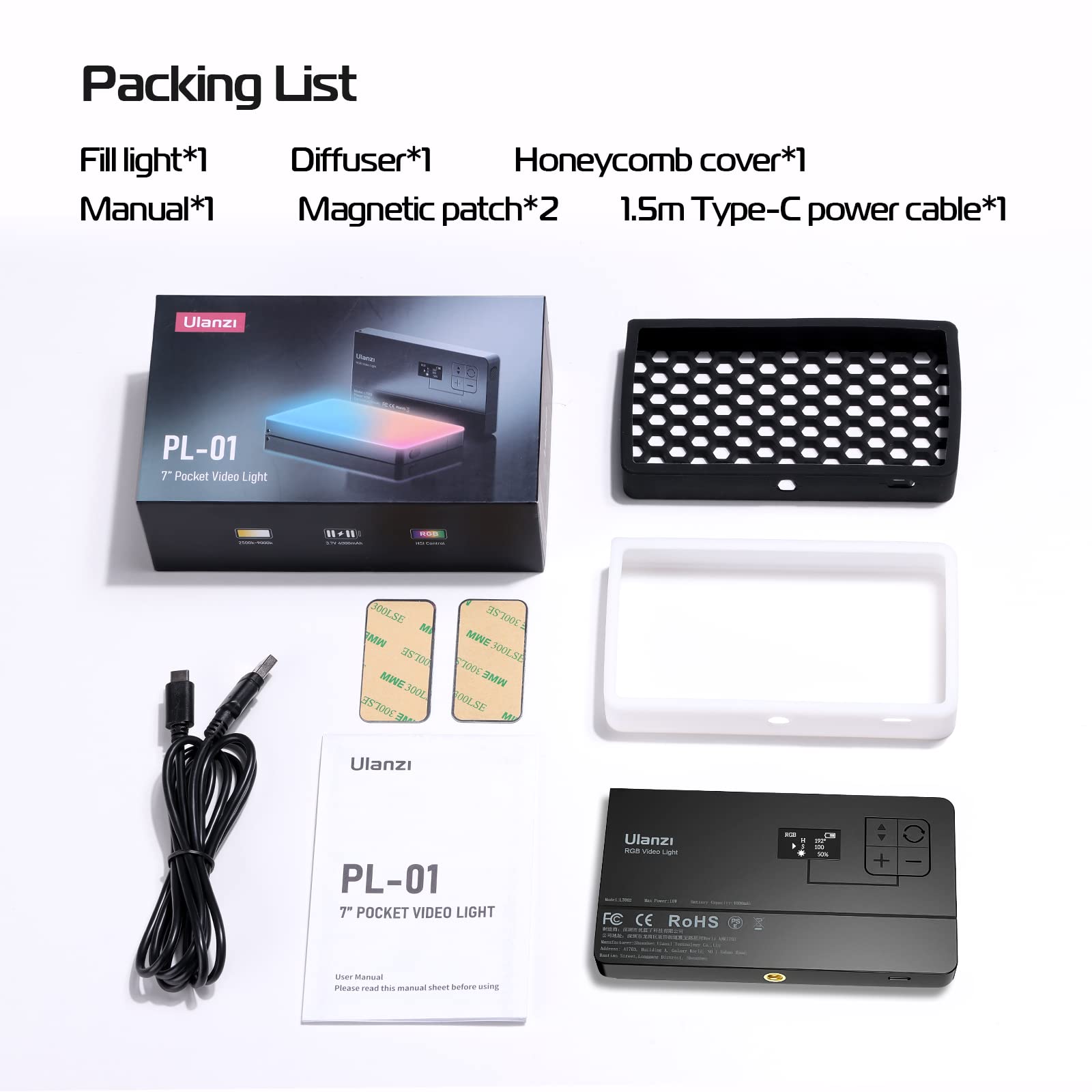 ULANZI LT002 RGB Video Light, Portable LED Camera Light Panel 0-360 Full Color, CRI 95+ 2500-9000K LED Video Light, 4000mAh Rechargeable LED DSLR Lighting for Vlogging, Photography, Video Conference