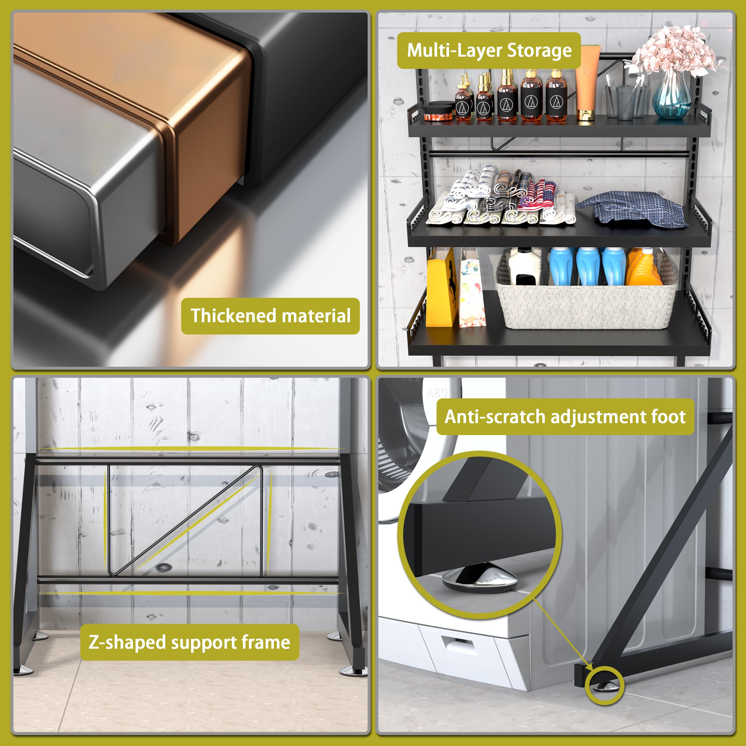 Supfirm 3-Tier Height Adjustable Washing Machine Storage Rack, Bathroom Large Storage Rack Organizer for Space Saver (Black)