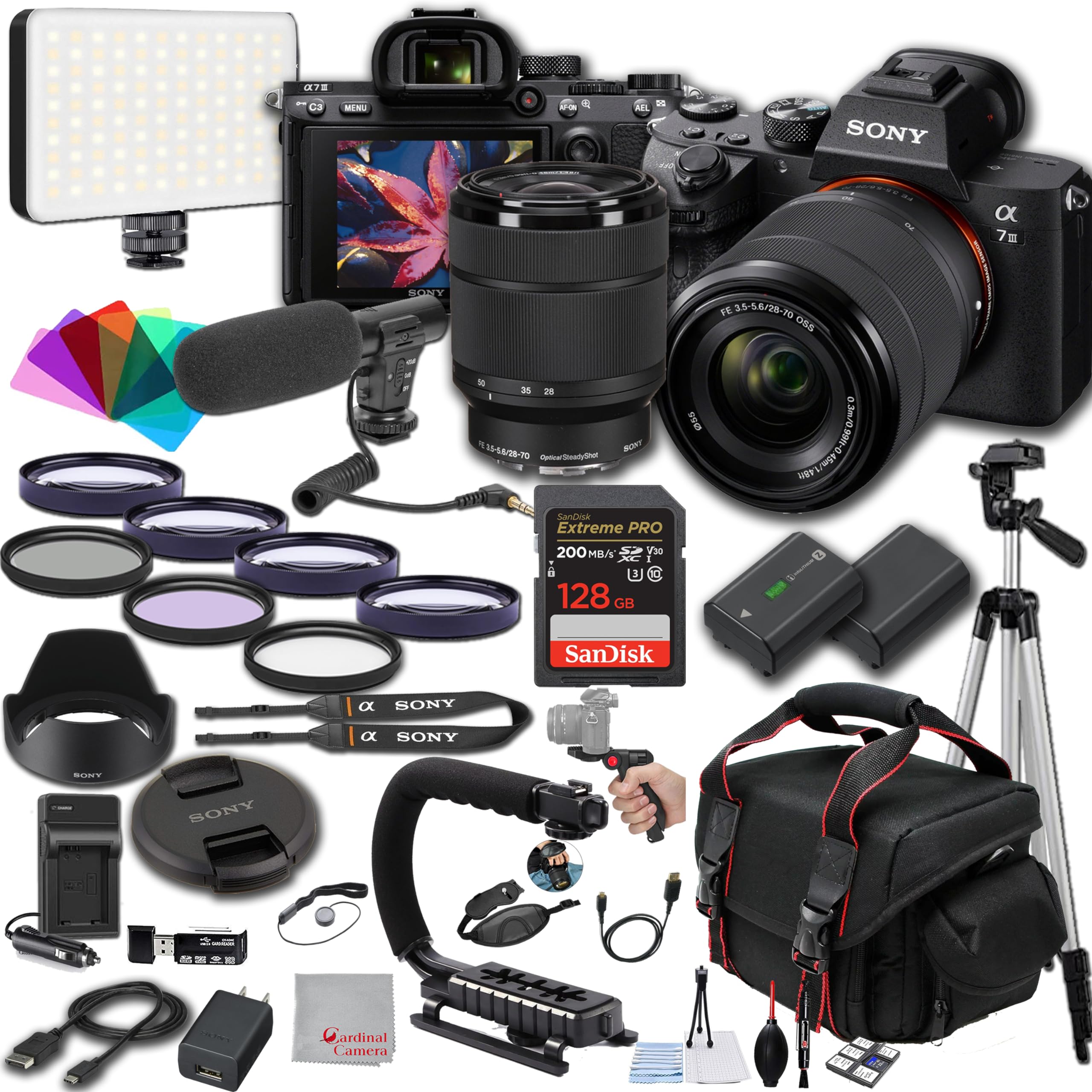 Sony a7 III Mirrorless Digital Camera 24MP w/ 28-70mM Lens, 128GB Extreme Memory,Microphone, 120LED Video Light, Filters, Case Tripod, Grip, and More – Pro Photo Bundle (44pc Bundle)