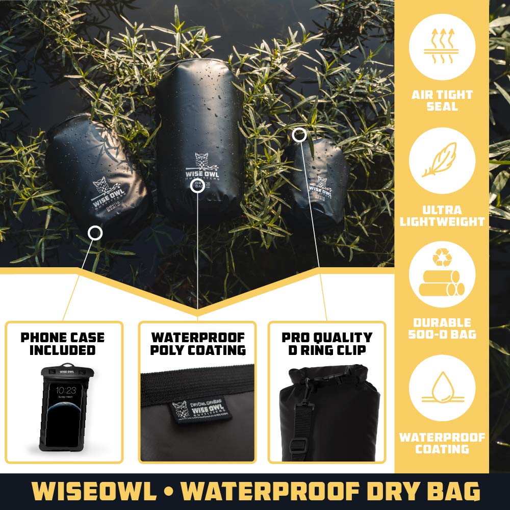 Wise Owl Outfitters Waterproof Dry Bag Backpack - Thick, Durable Water Bag for Kayaking, Camping, Boating, Beach and Outdoor Water Sports - Blue Clear, 20L