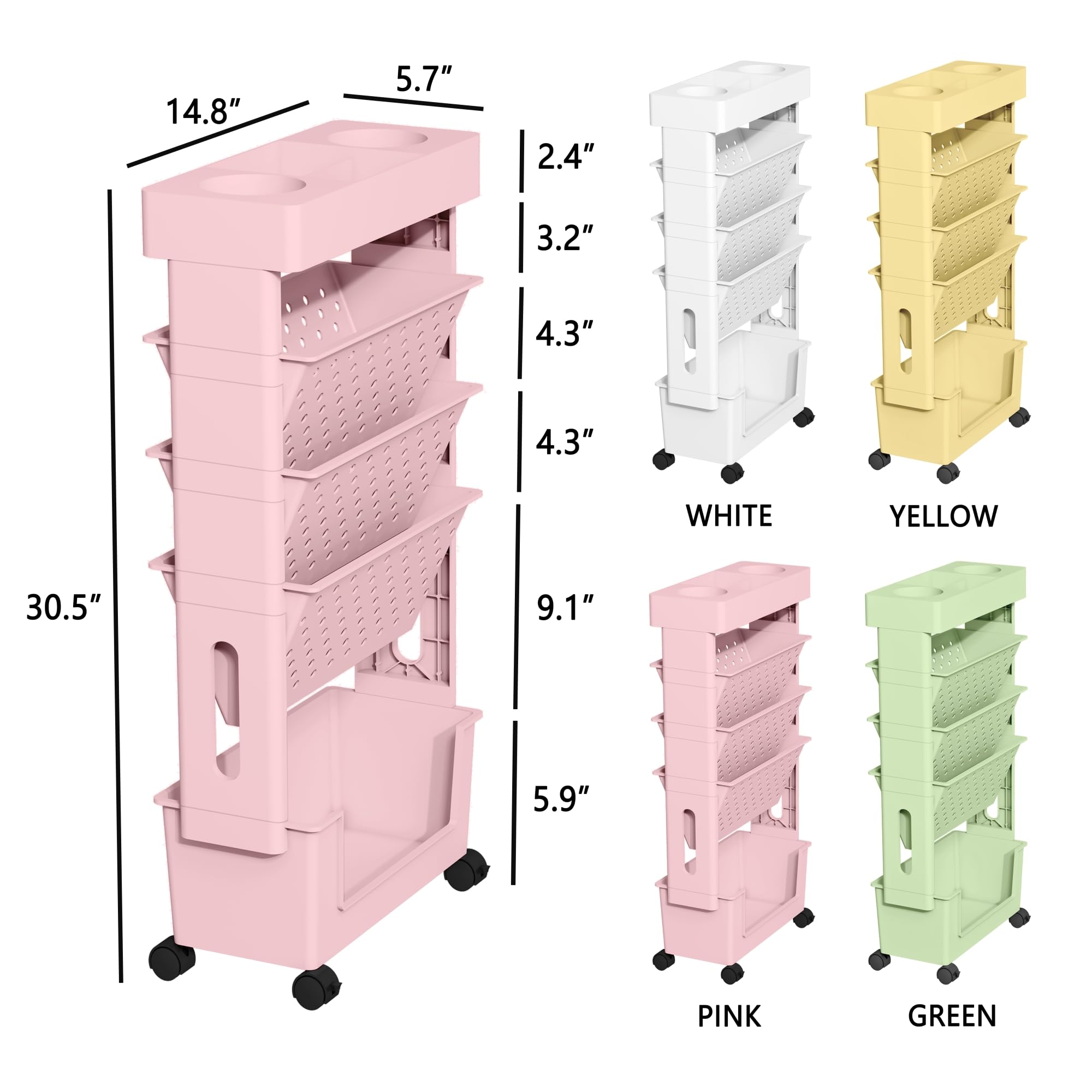 yeavs 5-Tier Mobile Bookshelf, Rolling Bookcase Book Storage Rack, Movable File Folder Organizer Cart with Wheels for Home Study Office Living Room Classroom, Pink