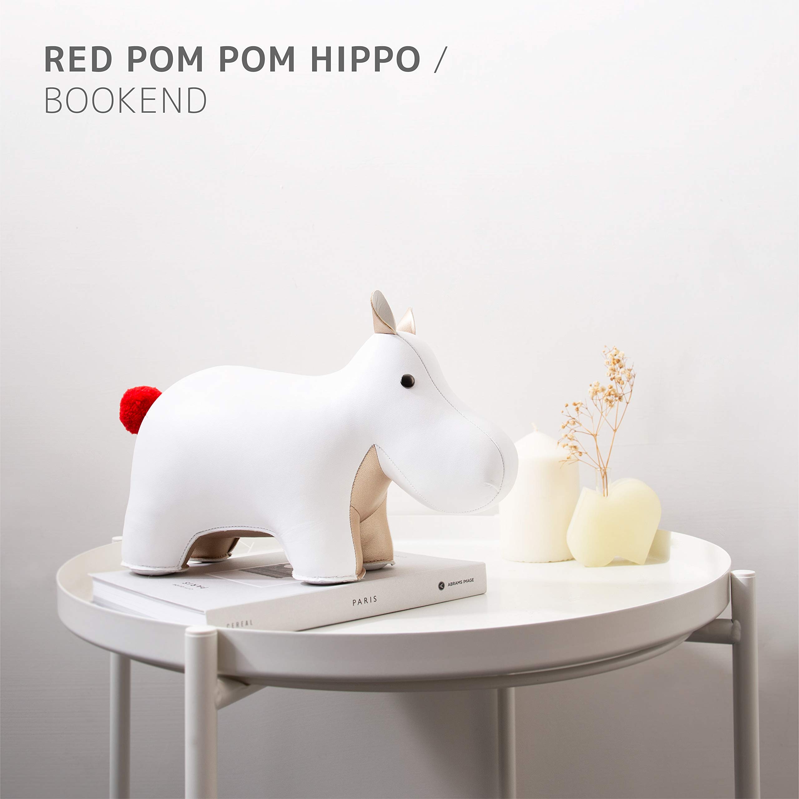 zü​ny, zuny, Classic Series Bookend White for Shelves, Office Decorative- Red Pom Pom Hippo