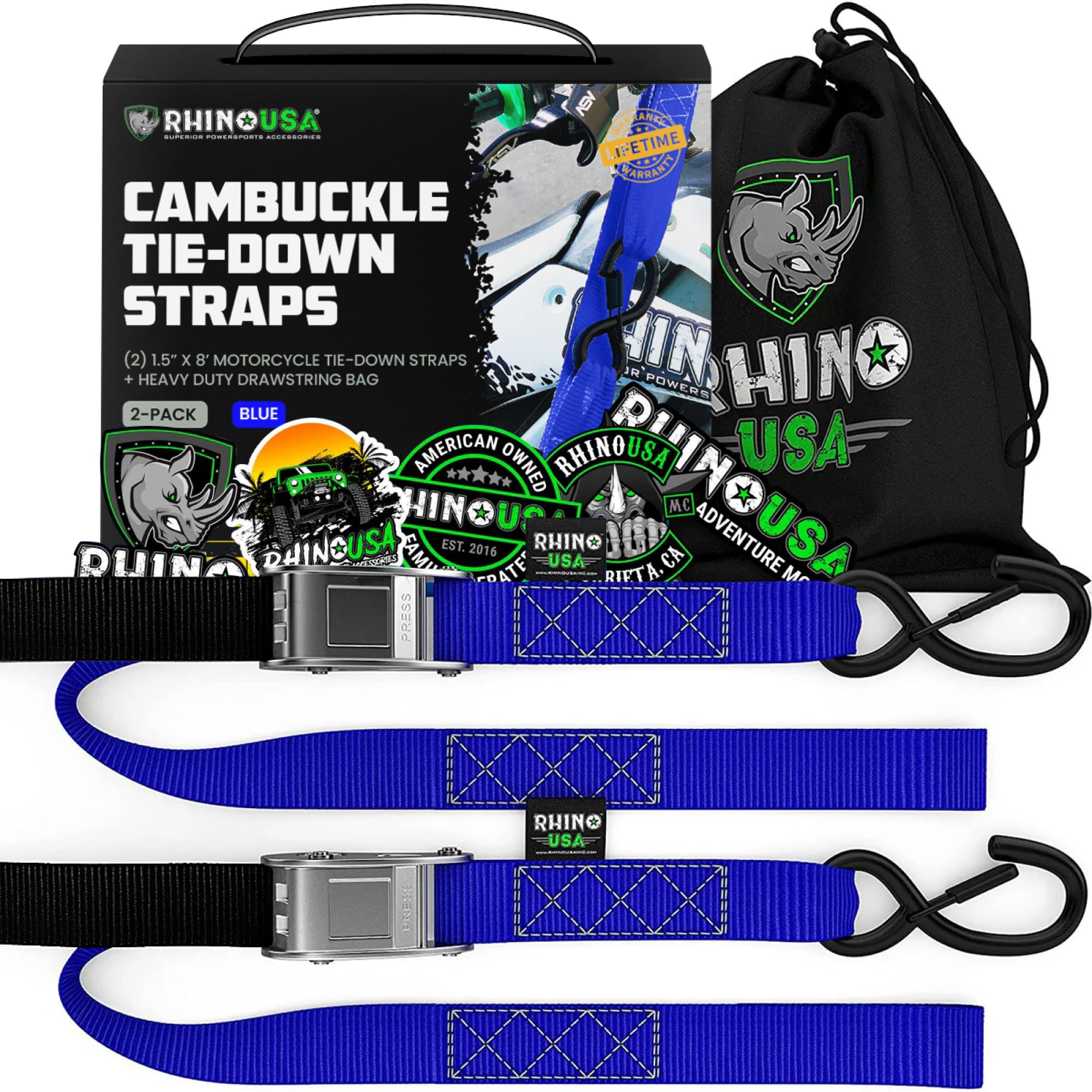 Rhino USA Motorcycle Tie Down Straps (2 Pack) Lab Tested 3,328lb Break Strength, Steel Cambuckle Tiedown Set with Integrated Soft Loops - Better Than a Ratchet Strap (Black 2-Pack)