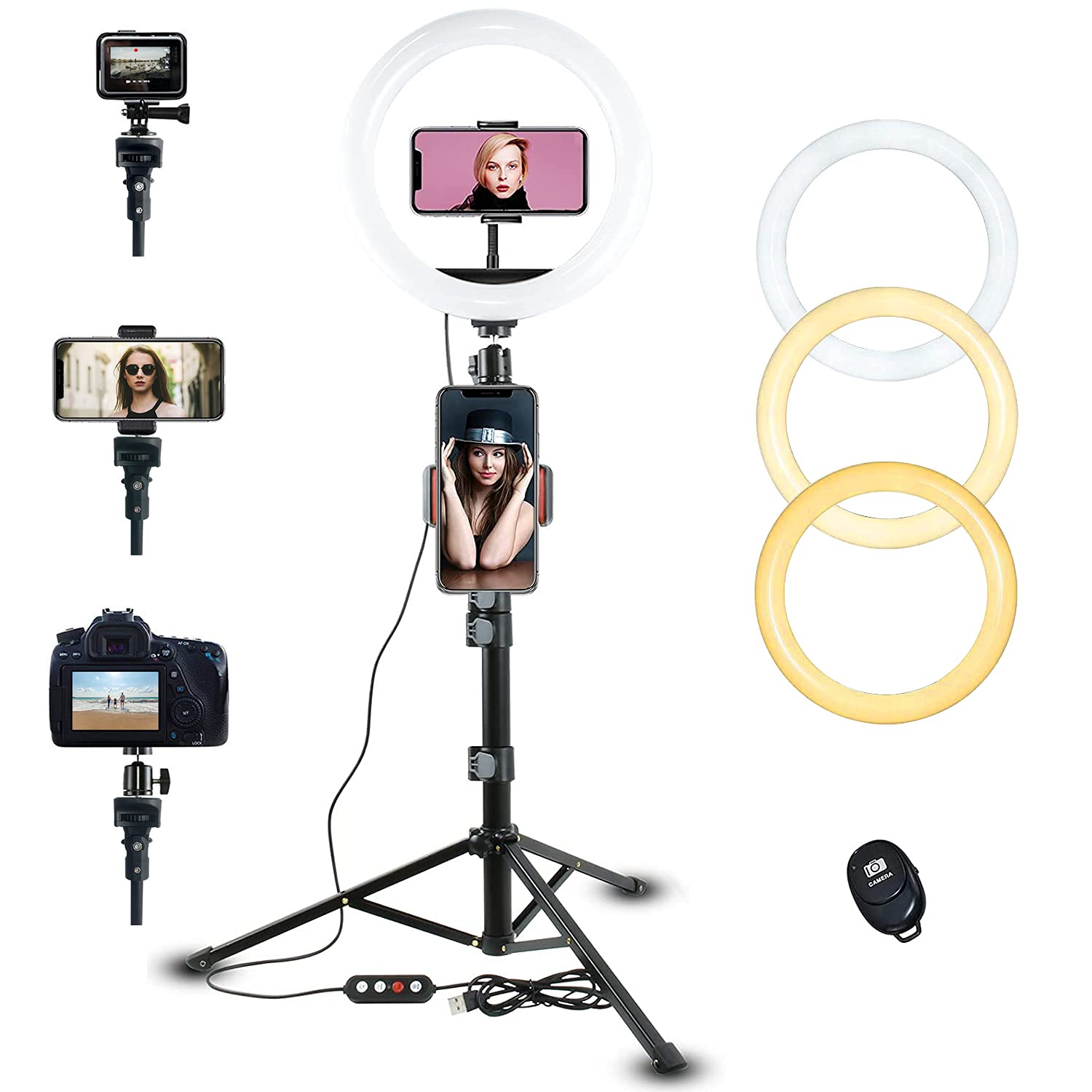 TINOSP 10" Selfie Ring Light with 61" Tripod Stand & 2 Cell Phone Holders for Zoom/Makeup, Dimmable Led Ring Light with Remote Compatible with YouTube/Live/Tiktok/Instagram, Fit for Gopro & Camera