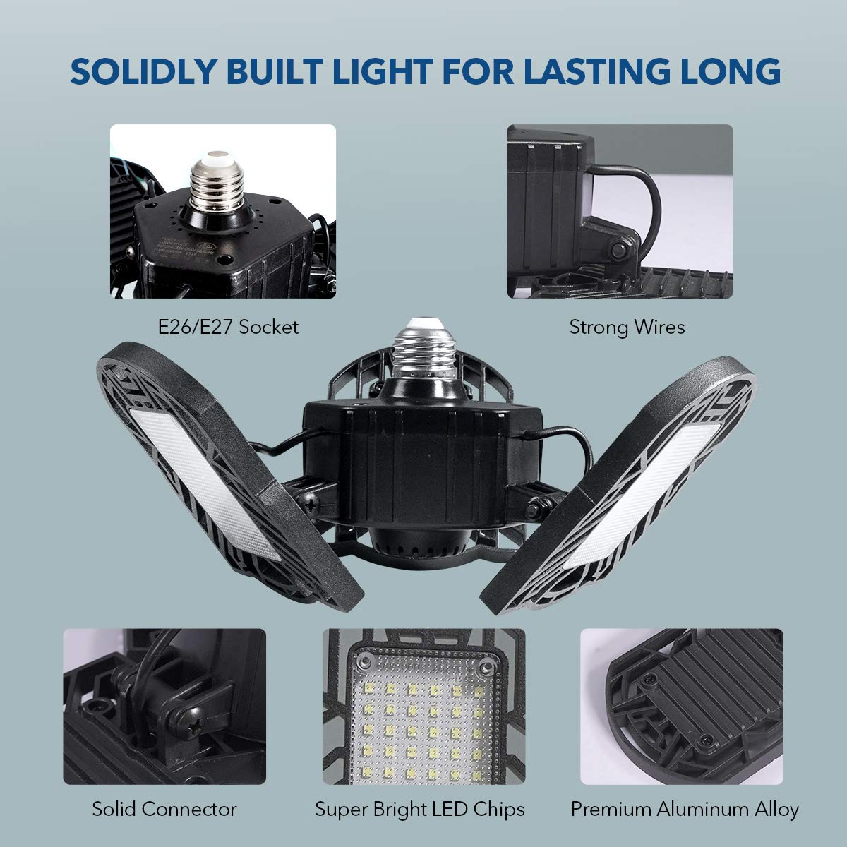 Wokyy 60W LED Garage Lights, Deformable Ceiling Light 6000LM 6500K, E26/E27 Basement Light with 3 Adjustable Die-cast Aluminum Panels for Workshop Barn Warehouse and More - 2 Pack