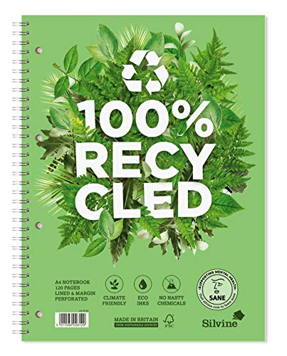 Silvine A4+ Premium Recycled Wirebound Notebook, Lined with Margin, 120 Pages of 100% Recycled Paper. Ref R102 [Pack of 5]
