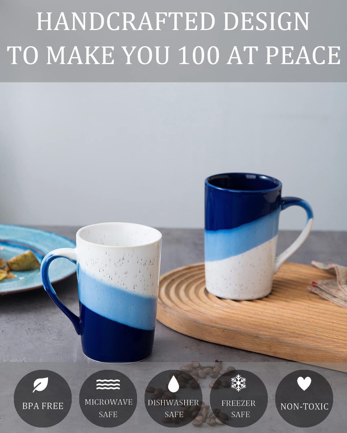 Rich Leisure 13oz Coffee Mug Set of 2 - Ceramic Tea Cups with Handle - Microwave and Dishwasher Safe, Perfect For Cup or Mug Lovers - Rustic Denby Glaze, Modern Design Mugs - Mint Green