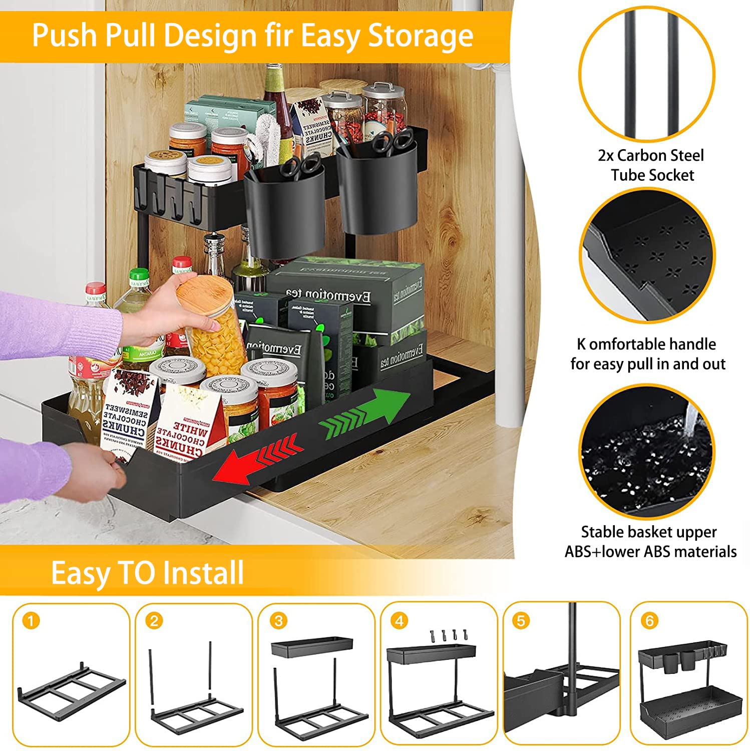 UWBGRT 2-Tier Under Sink Organizers and Storage π Pack Sliding L-Shape Bathroom Kitchen Cabinet Organizers with Hooks,Hanging Cups, Narrow Space Storage Multi-Purpose Sink Organizer