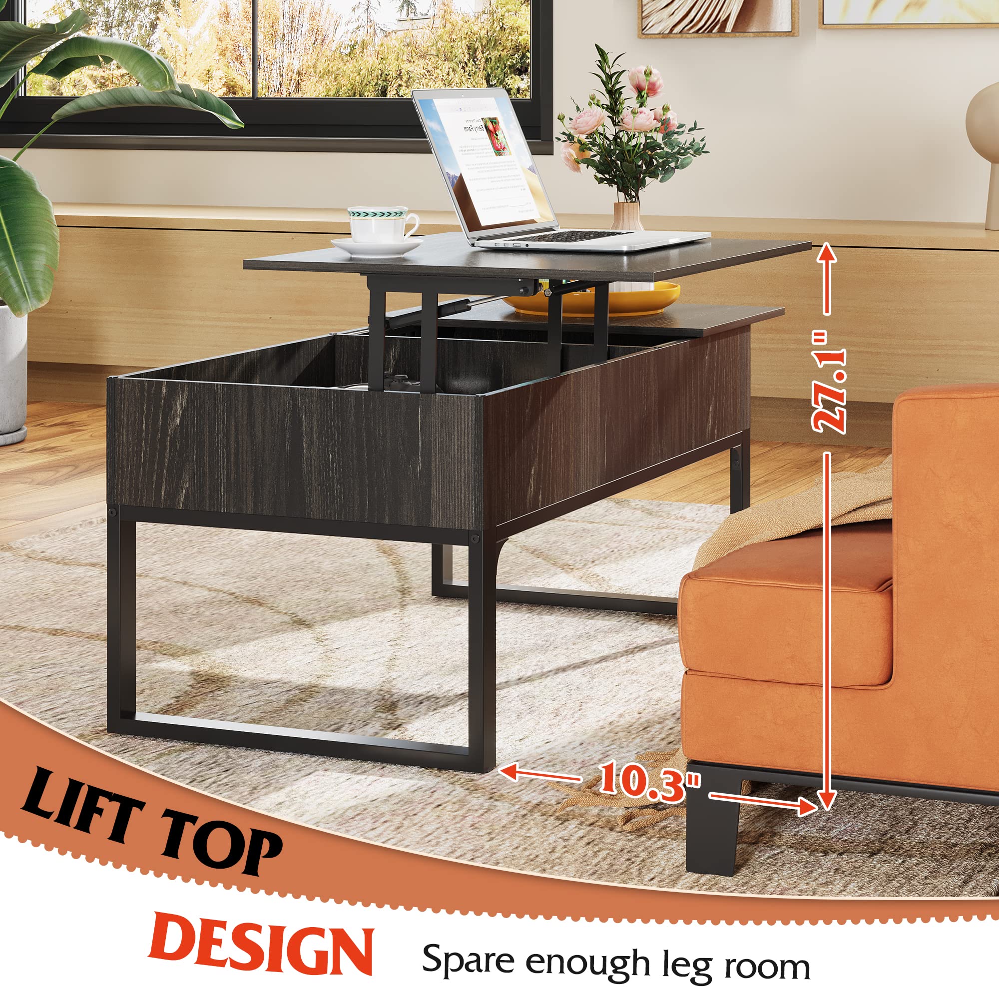 WLIVE Lift Top Coffee Table with Hidden Compartment, Cocktail Table, Rising Center for Living Room, Side Drawer and Metal Frame, Walnut Oak