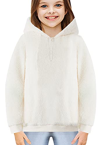 HMBEIXYP Girl's Polar Fleece Sherpa Pullover Fuzzy Fleece Sweatshirt Hoodie with Pockets White 90CM