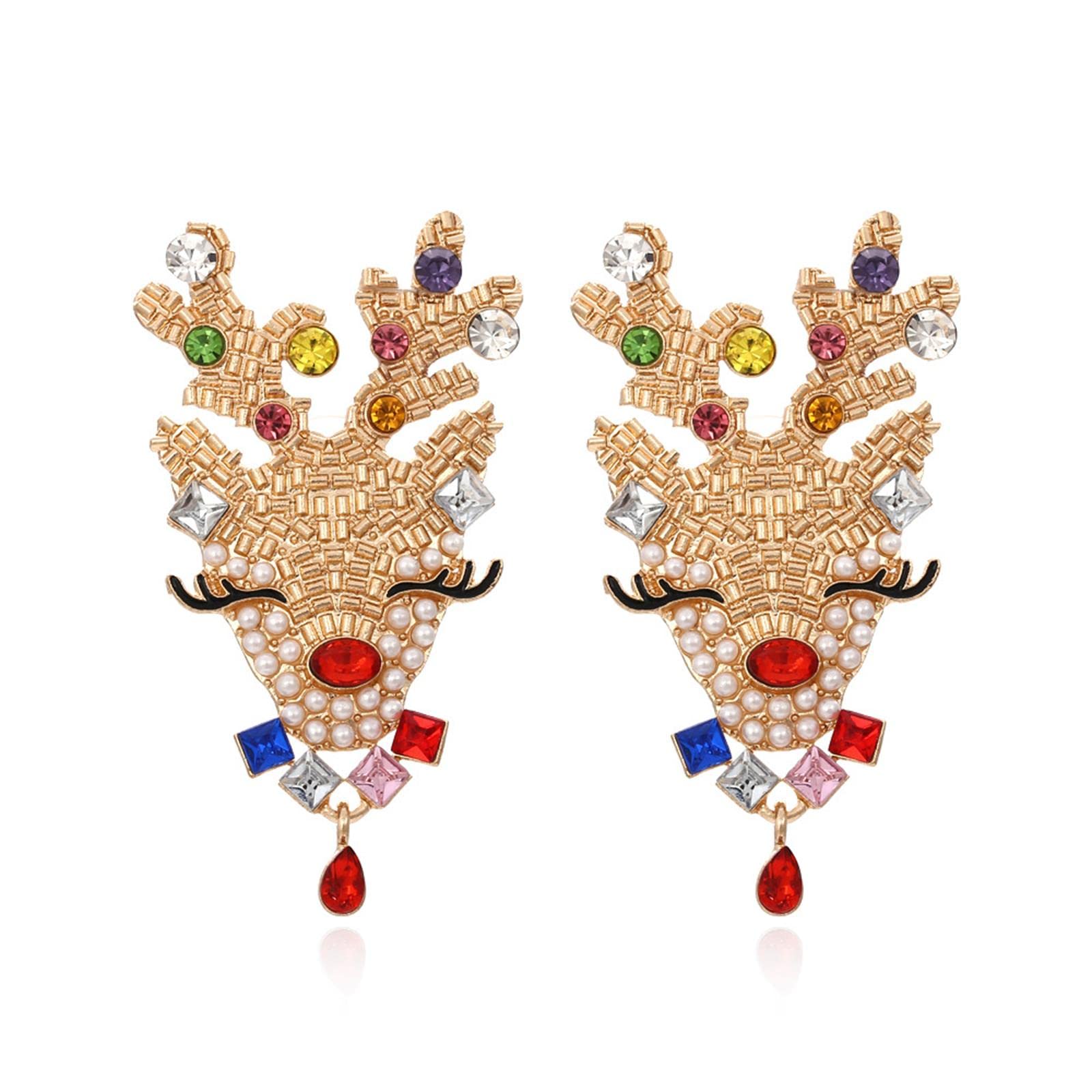 Shining Hollow Santa Claus Elk Bowknot Bell Dangle Earrings Colorful Rhinestone Crystal Pearl Animal Stud Earrings for Women Jewelry (B)