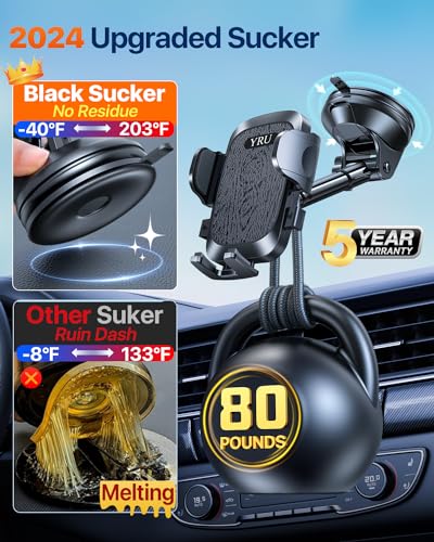 YRU True Military-Grade Car Phone Holder [2024 Upgraded Rotatable Strongest Suction Cup] Cell Phone Mount for Dashboard Windshield Truck Cradle Dash Stand for iPhone 15 14 13 12 Pro Max, Black