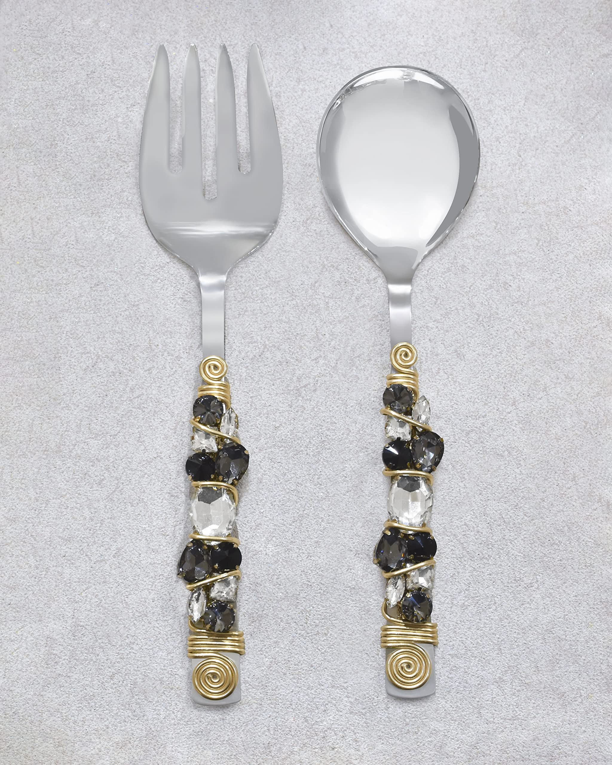 YoTreasure Tiramisu Crystal Radiance Stainless Steel Black & White Salad Server Spoon and Fork Set for Modern Kitchen