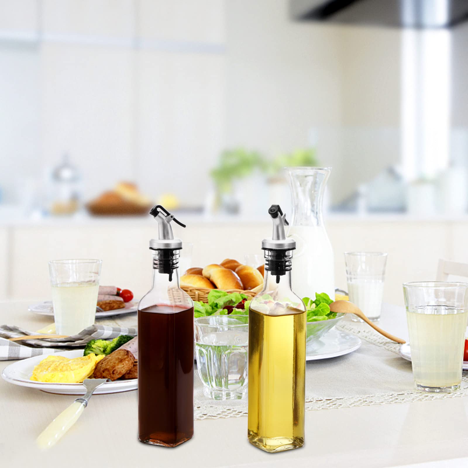 Tebery 4 Pack Oil and Vinegar Cruet Glass Bottles with Pourers, 17OZ Clear Glass Olive Oil Dispenser, Cooking Oil Container for Kitchen