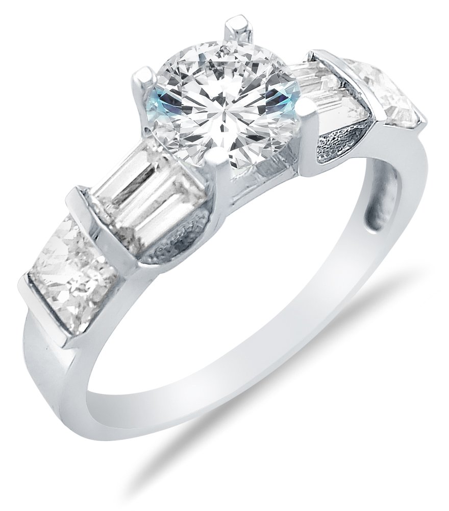 Size 6 - Solid 14k White Gold Round Brilliant Cut Solitaire with Baguette and Princess Cut Side Stones CZ Cubic Zirconia Engagement Ring 1.75ct.
