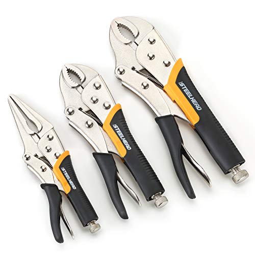STEELHEAD 3-Piece Locking Pliers Set, 10-inch Curved Jaw, 7-Inch Curved Jaw & 6-1/2β Long Nose Straight Jaw, Integrated Wire Cutter, USA-Based Support