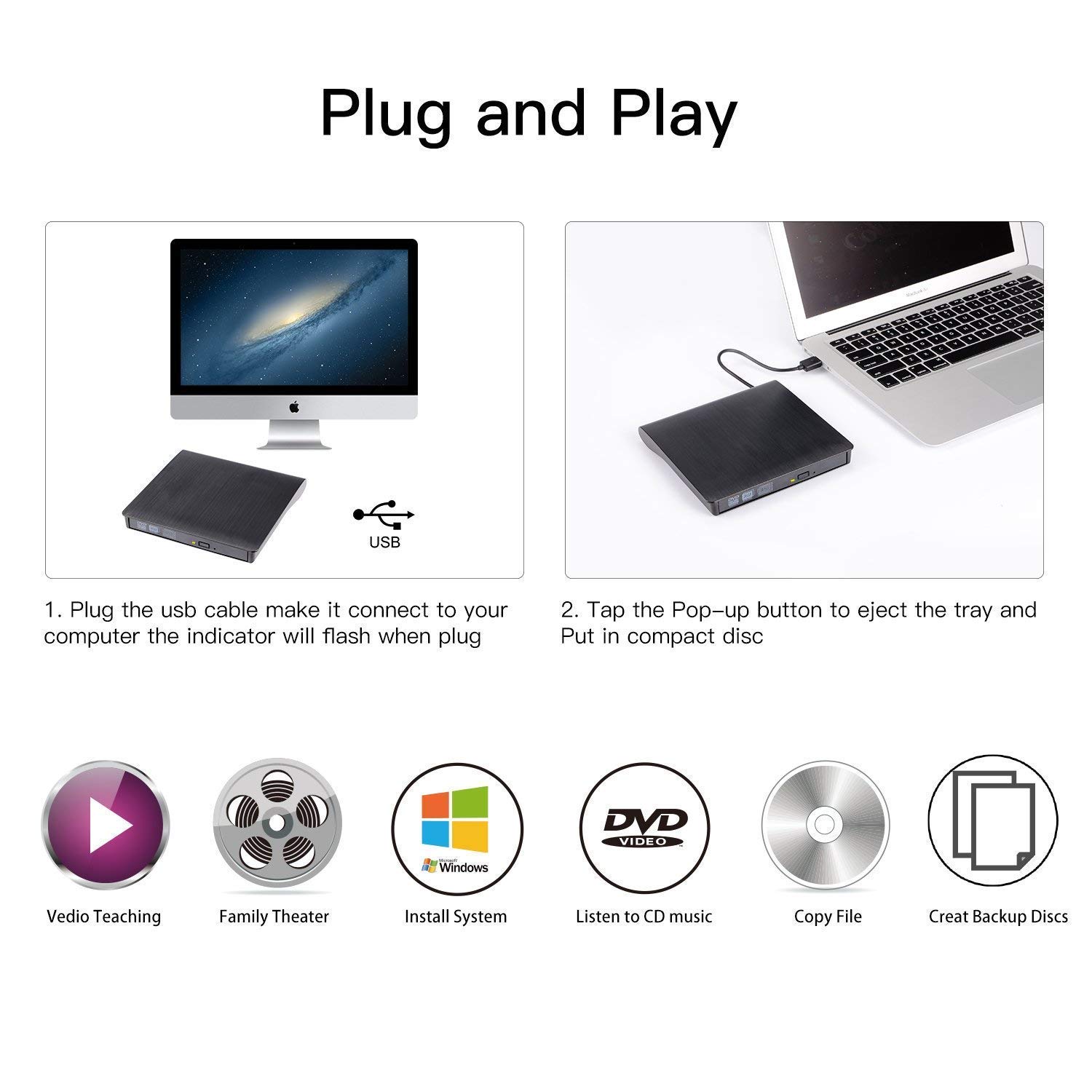 Spmywin External DVD Drive for Laptop, USB 3.0 +/-RW Burner Writer Reader Rewriter, Portable Optical Drive Compatible with Macbook, Desktop, Windows 7/8/10/XP/Vista/Mac(Black)