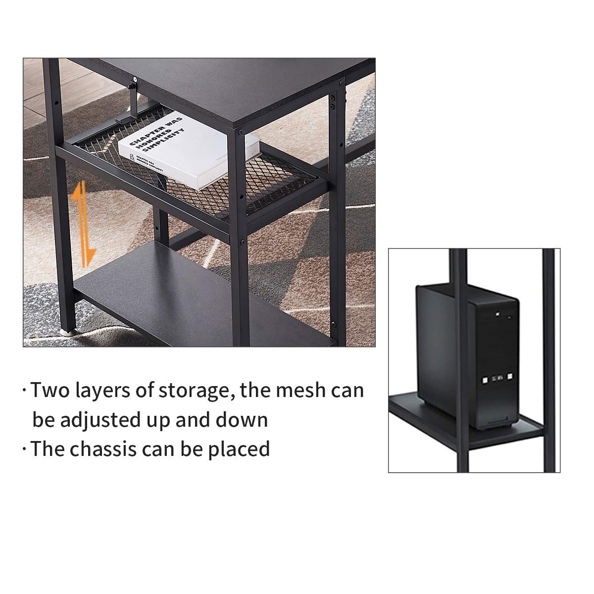 V-AIDMENG 55'' Home Office Desks, Computer Desks, Study Writing Desks with Storage Shelf, Hook and Storage Bag, Multi-Function PC Desk, Gaming Table, Work Tables for Desktop and Laptop. Black MDF