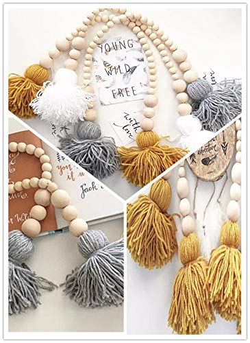 Wood Bead Garland with Tassels Farmhouse Decorations Rustic Wall Hanging Decor Beads 2 Pcs (Grey)
