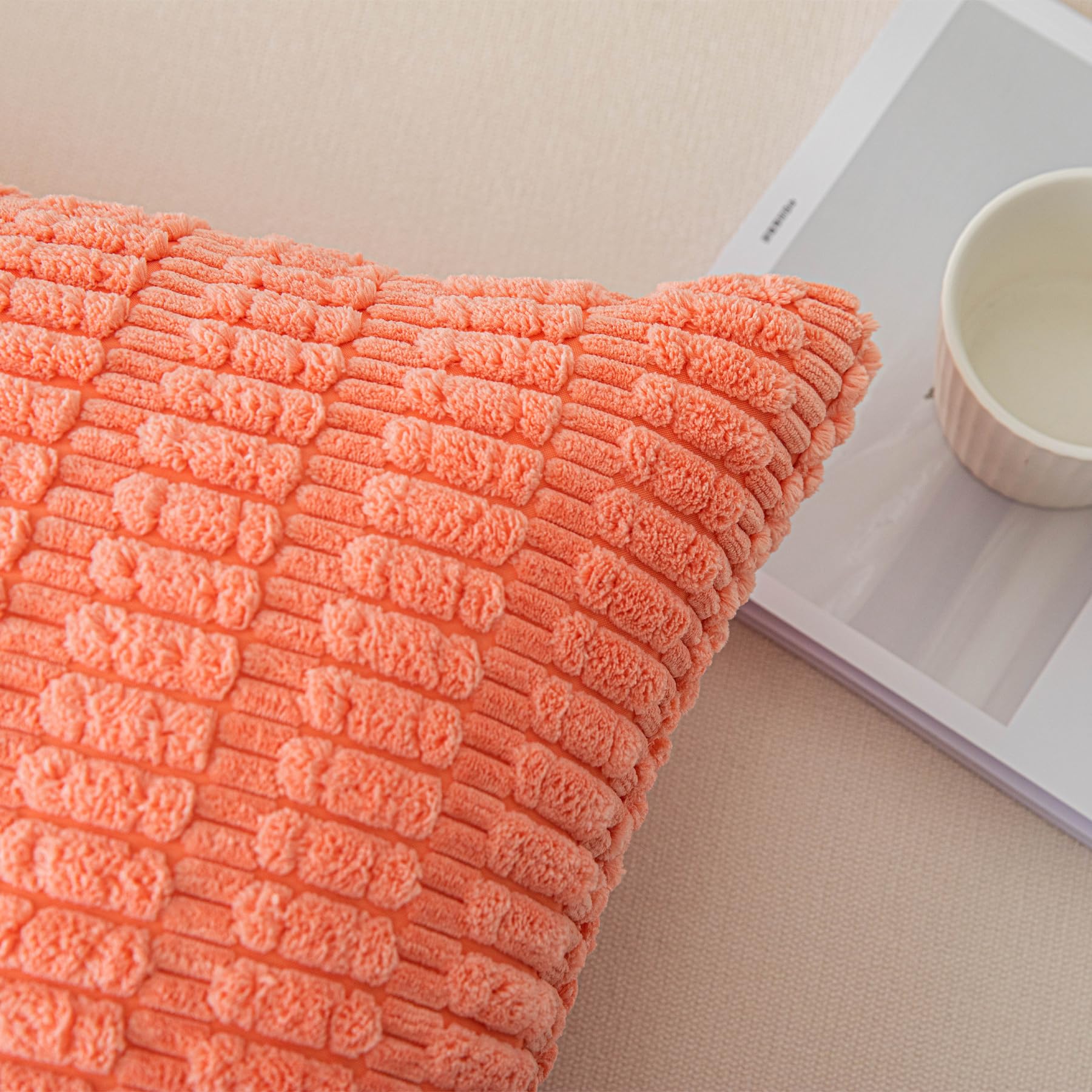 SHITURRE Decorative Throw Pillow Covers for Couch Bed Sofa Livingroom, Tan Square Cushion Covers Corduroy Striped Pillowcases for Boho Home Decor(18"x18", 2 Packs)