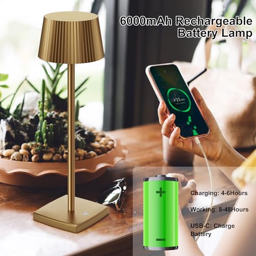 YHT LED Cordless Table Lamps Rechargeable Battery Operated Outdoor Waterproof Light 6000mAh 3 Level Brightness Dimmable Portable Desk Lamp Touch Control for Outdoor Patio Home Restaurant Bar Bronze