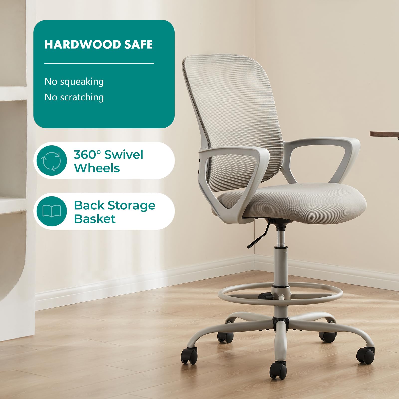 Sweetcrispy Armless Home Office Desk Mesh Low Back Task Lumbar Support and Wheels, Adjustable Height 360° Rolling Swivel Computer Chair without Arm for Small Space, Grey