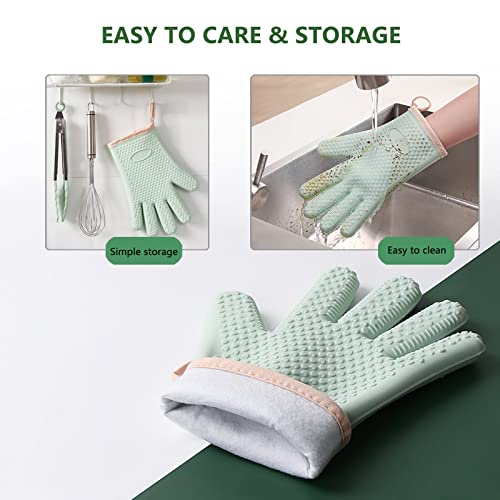 Yawcas Heat Resistant Silicone Oven Mitt,Oven Gloves with Fingers, Super Grip, Food Grade, Waterproof, for Cooking & Baking, Light Green, 2 Pack