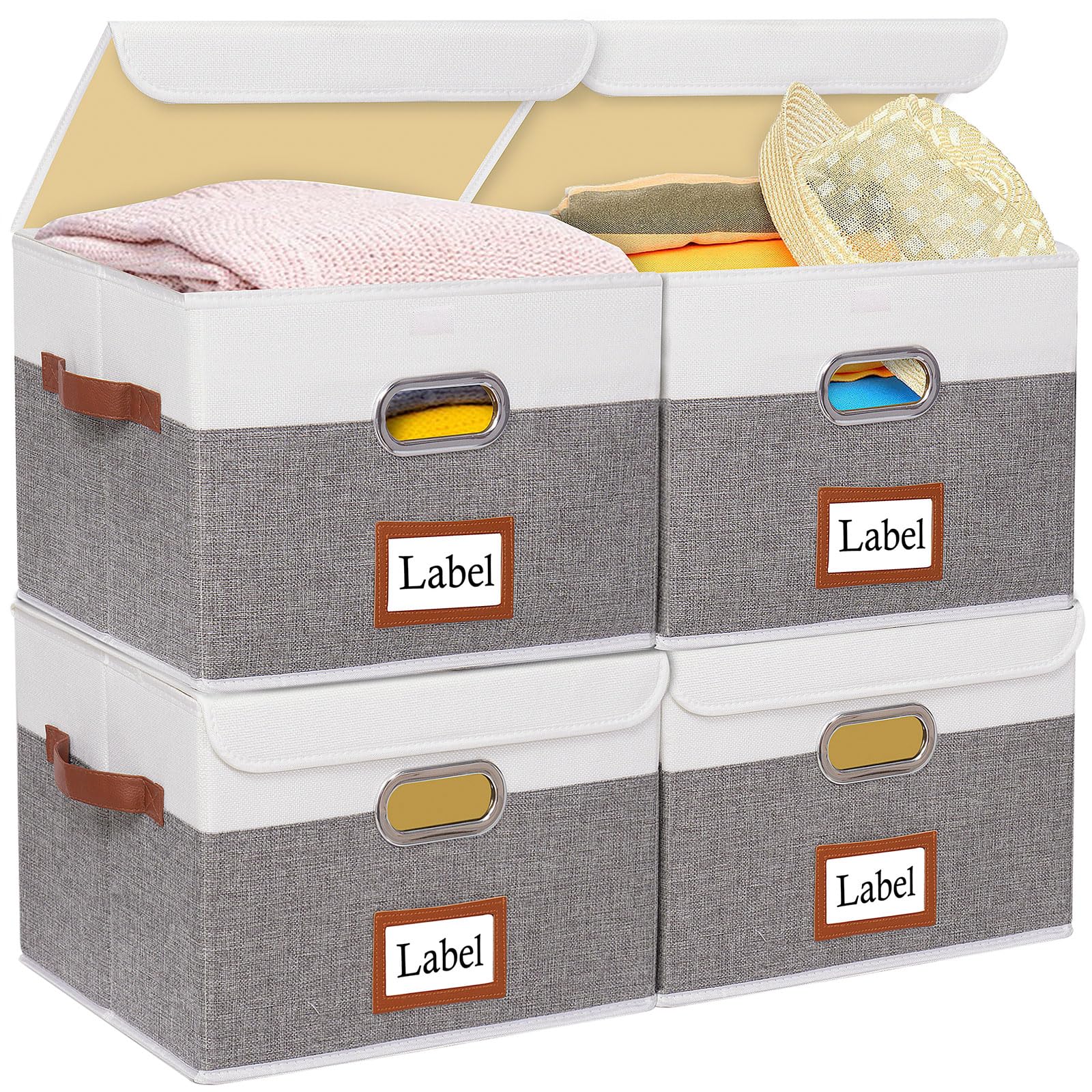 Yawinhe 1-Pack Storage Boxes with Lids, Storage Baskets Cubes, 13x9x7.9Inch, Fabric Storage Bins Organizer Containers with Dual Leather Handles for Home Bedroom Closet Office White/Grey