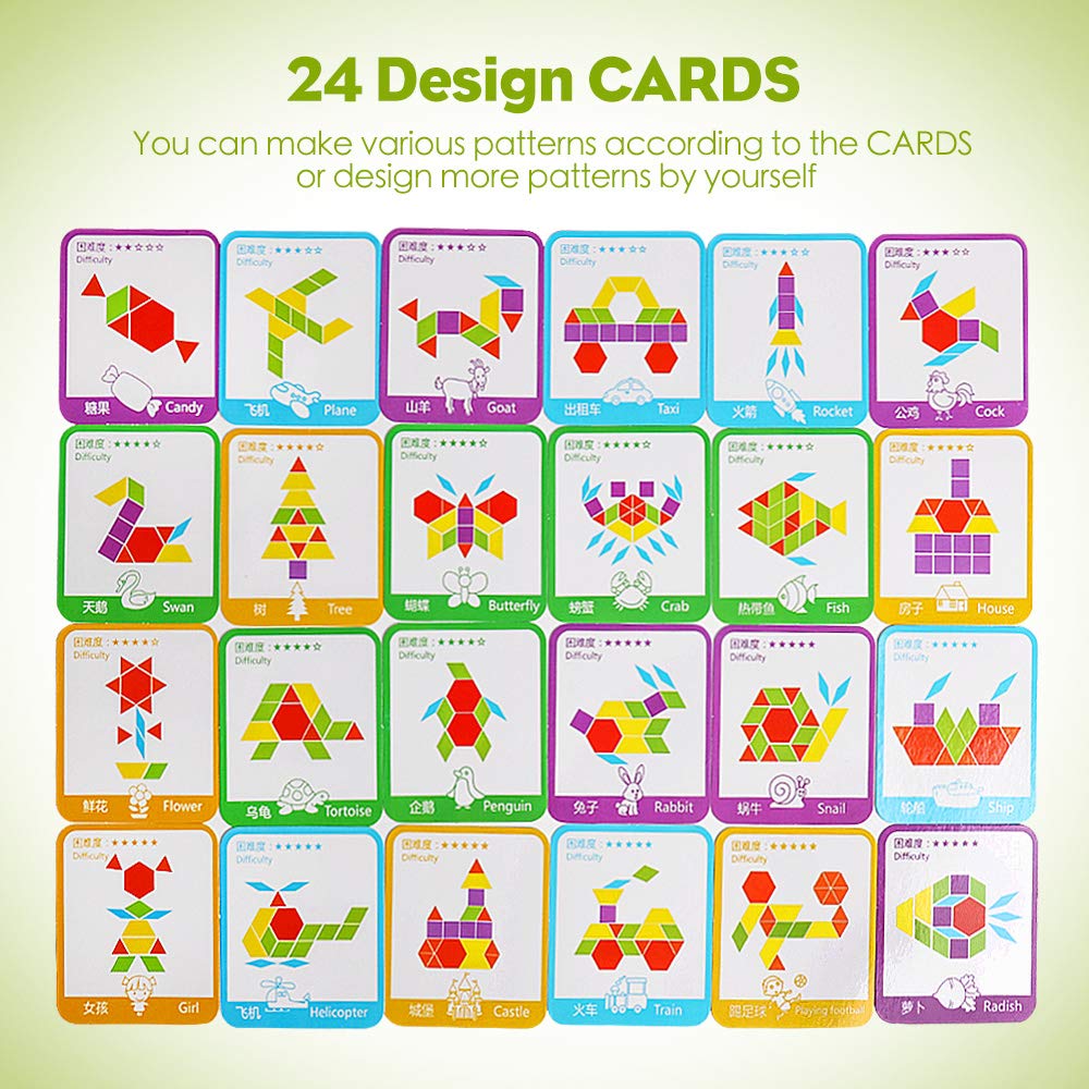 Wooden Pattern Blocks Set 155 Pcs Geometric Shape Puzzle Kindergarten Tangram Brain Teasers Early Educational Montessori for Kids Ages 3-8 with 24 Pcs Design Cards
