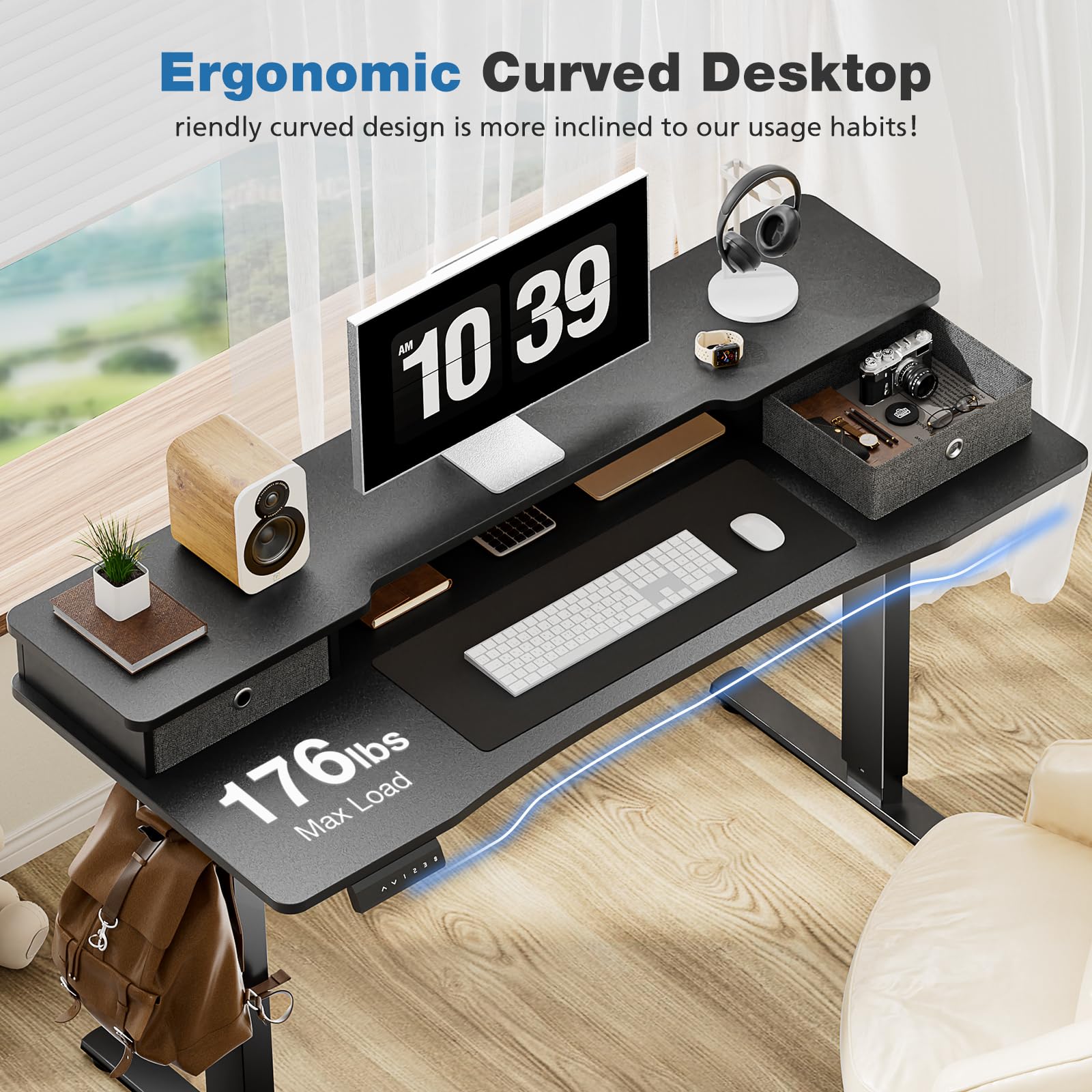 Sweetcrispy Electric Standing Desk with Double Drawer - 48 x 24 inch Adjustable Height Sit to Stand Up Desk with Storage Shelf, Rising Home Office Computer Table with Splice Board