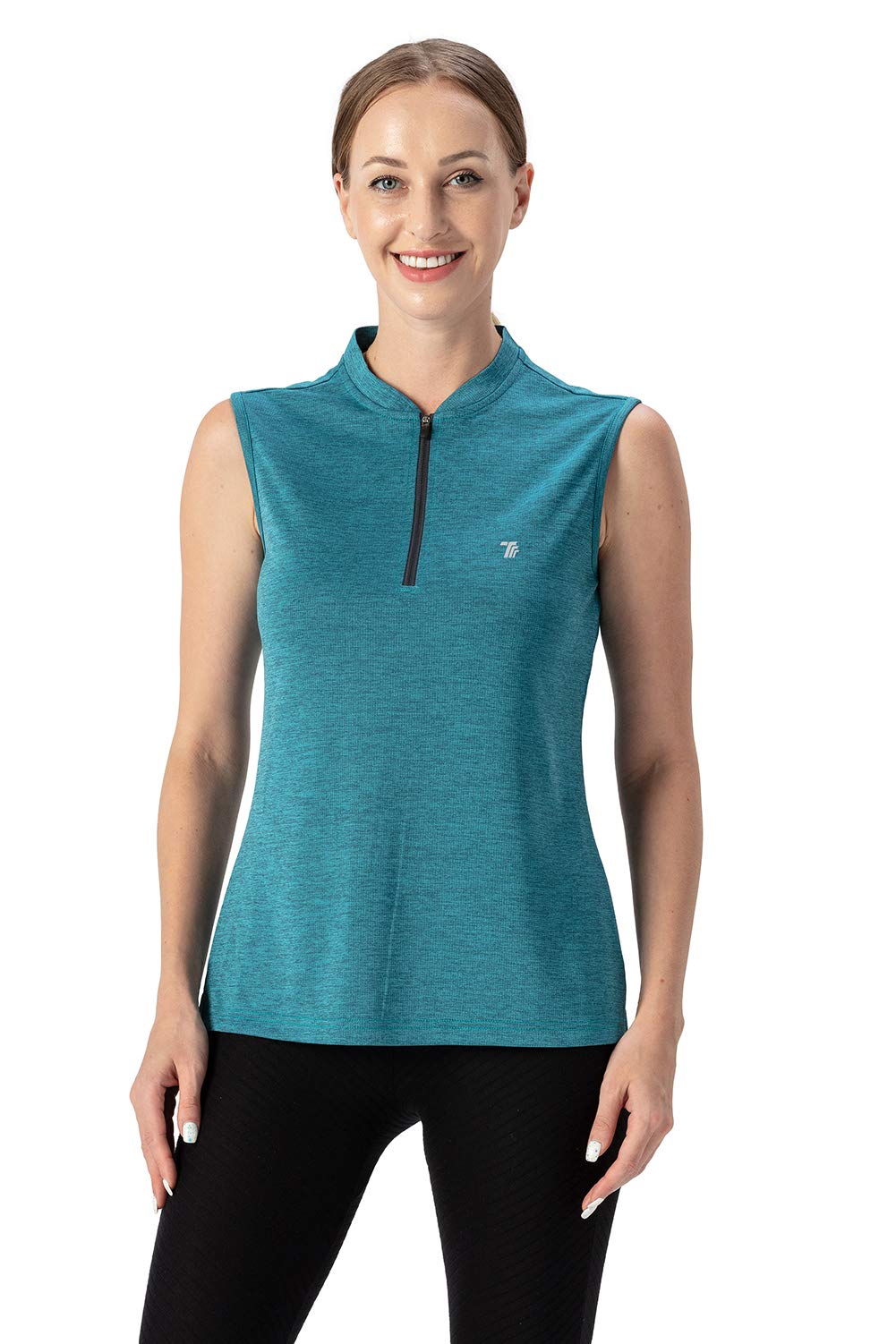YSENTO Women's Dry Fit Tennis Golf Shirts 1/4 Zip Sleeveless Collarless UPF 50+ Yoga Gym Workout Tops Shirts Dark Blue Size XL