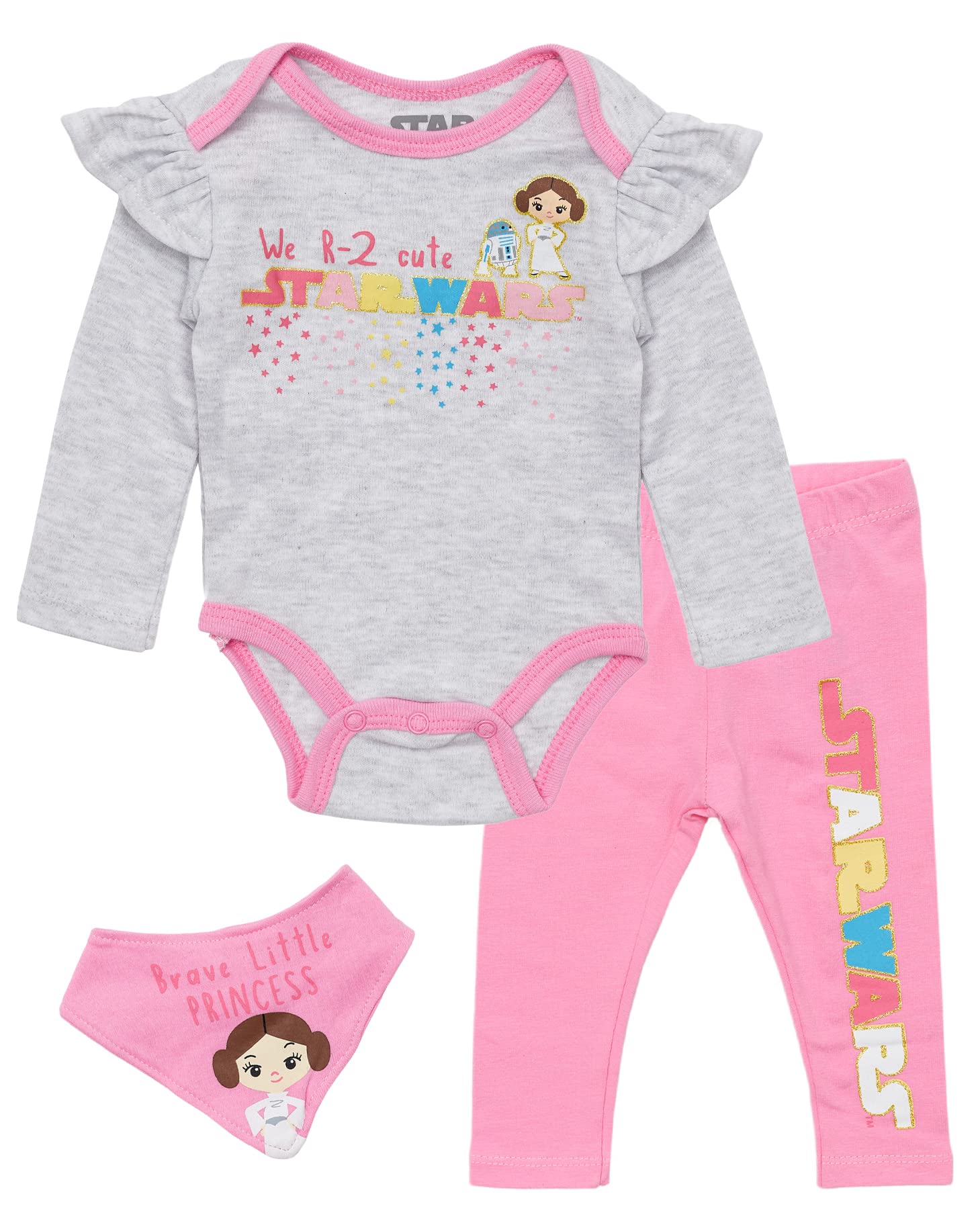STAR WARS Baby Girls Baby Yoda 3 Piece Short Sleeve Bodysuit Pull-on Pants and Accessory (White/Pink, 6-9 Months)