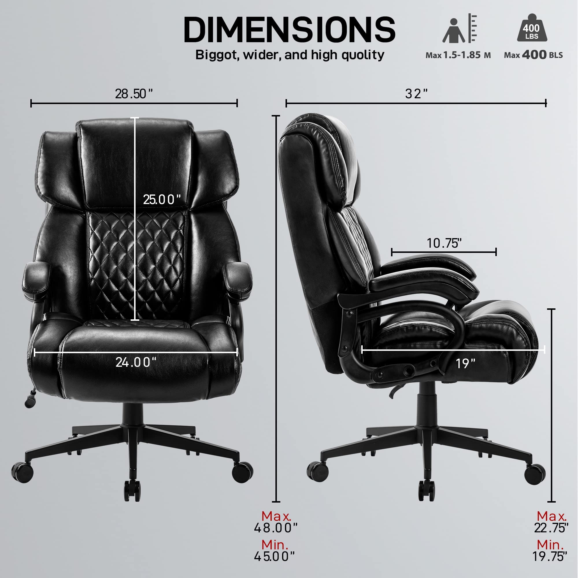 YI DANICA High Back Big & Tall 400lb Office Chair - Heavy Duty Metal Base, Adjustable Tilt Angle Large Bonded Leather Ergonomic Executive Desk Computer Swivel Chairs
