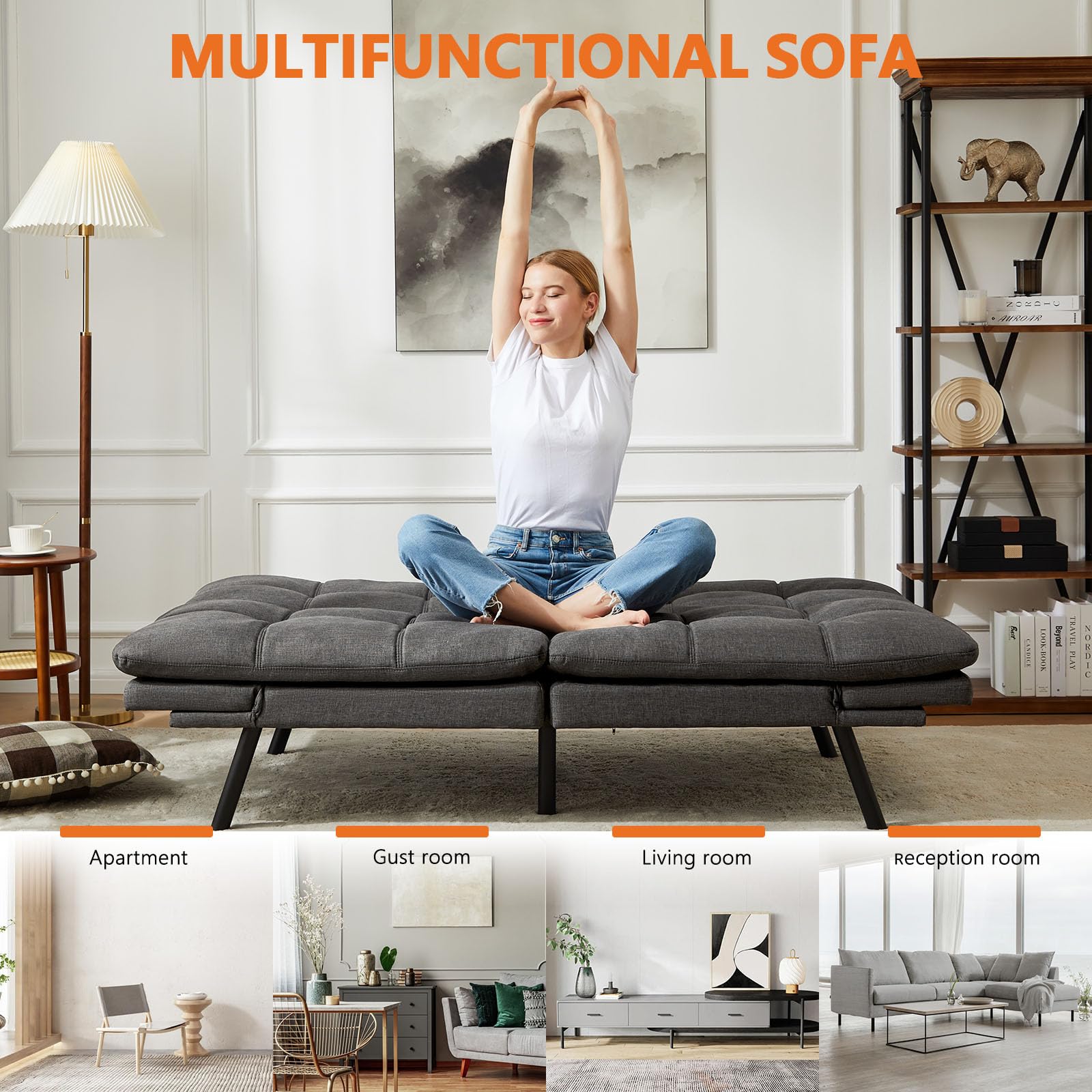 Sweetcrispy Futon Sofa Bed Sofá Cama para Sala Futon Couch Bed Sofas Sleeper, Modern Convertible Futon for Living Room, Small Loveseat for Apartment Office, Folding Adjustable Recliner
