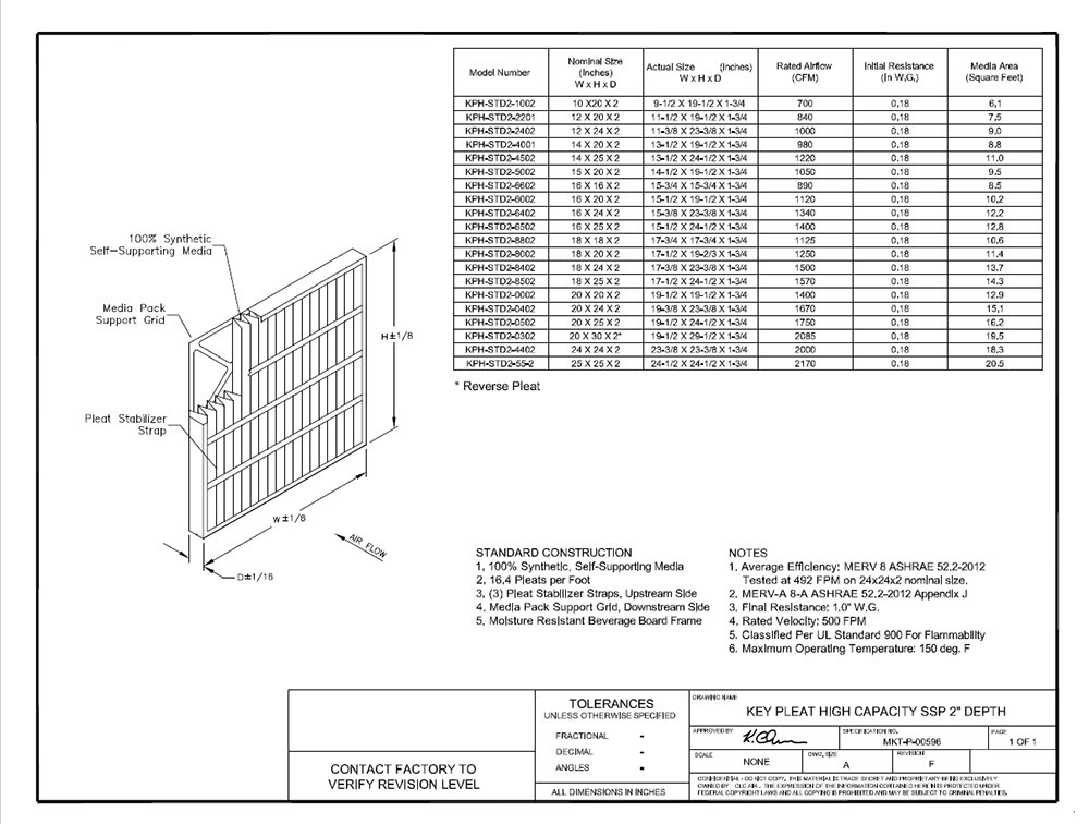 Sterling Seal and Supply (STCC) KP-5251184831x1 Purolator Key Pleat Extended Surface Pleated Air Filter, Mechanical MERV 8, 16" W x 16" H x 2" D