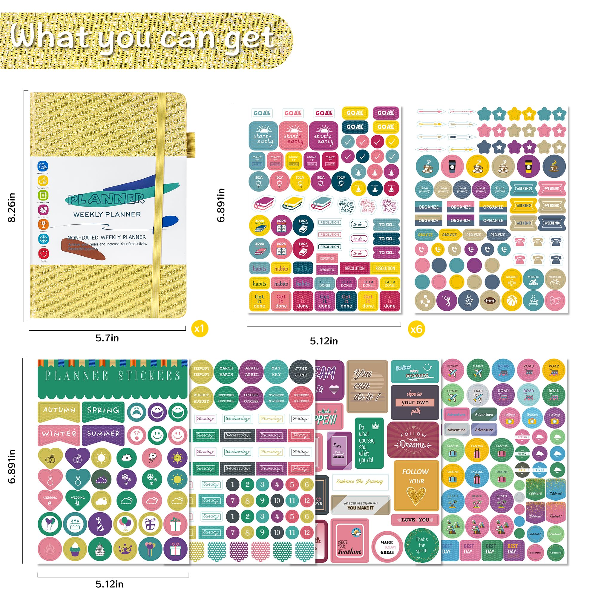 Undated Weekly Planner with Stickers - Personal Daily/Monthly Life Goals Planners 2024，Habit Tracker，8.7"x5.1"，A5 Yellow