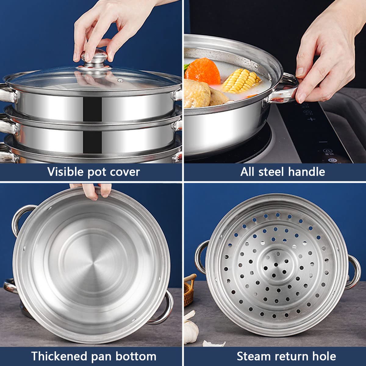 Steamer Pot for Cooking 3.0-Quart Steam Pot with Lid 2-tier Multipurpose Stainless Steel Steaming Cookware with Handle for Vegetable, Soups, Stews and Pasta