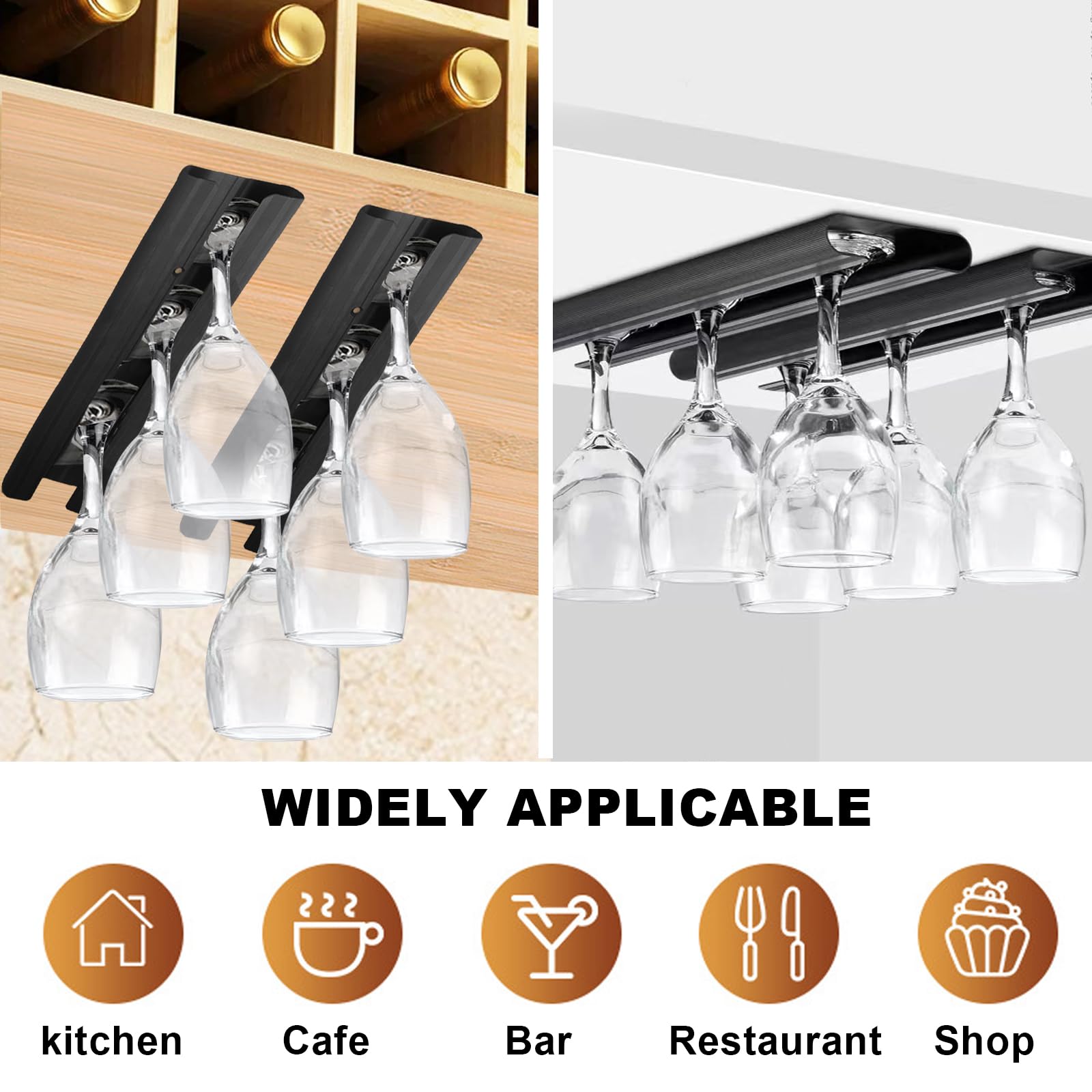 Vaisoeny Wine Glass Rack,2 Pack Aluminum Wine Glass holder, Under Cabinet Wine Glass Holder, Wine Glass Holder Under Shelf for Kitchen and Bar, Black