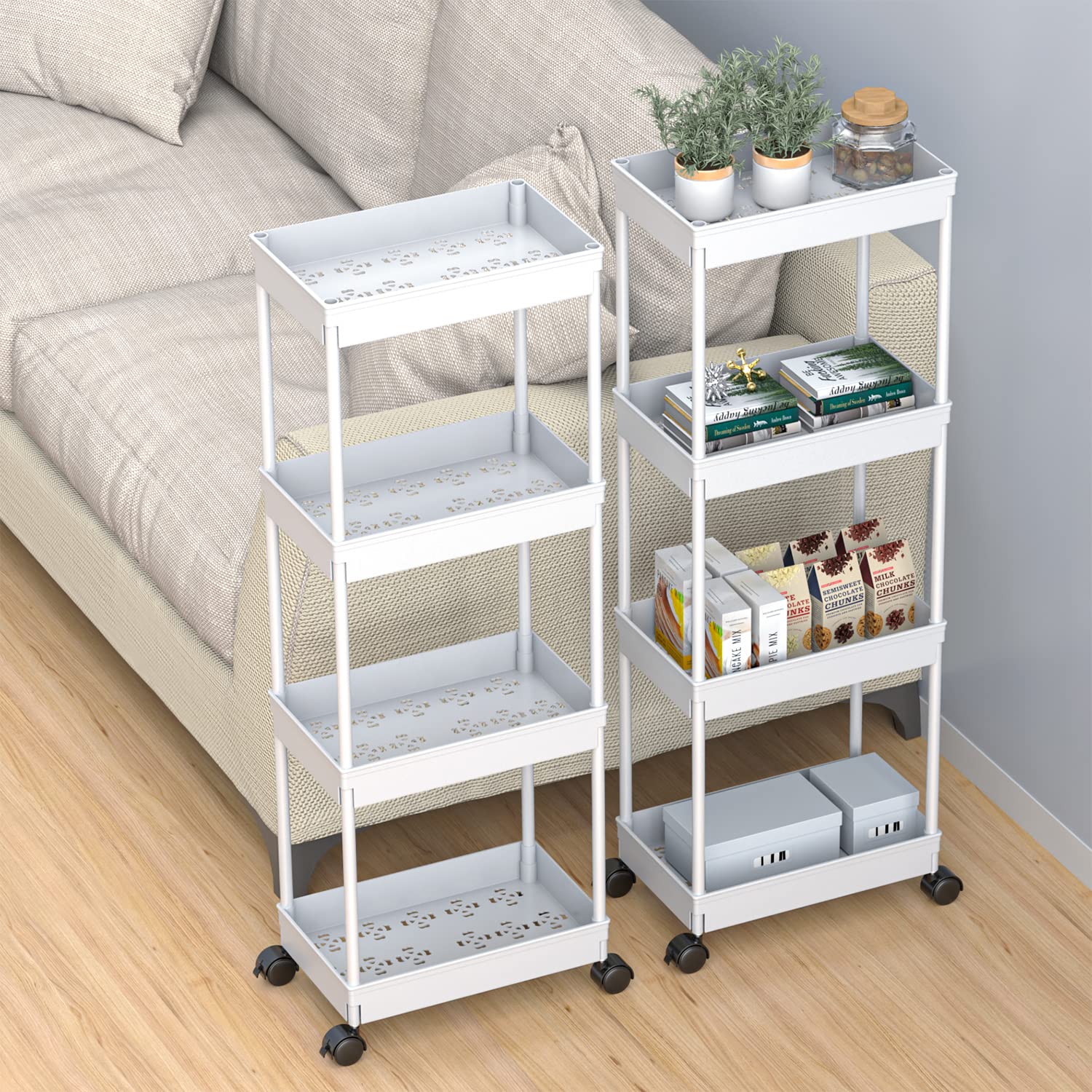 Sooyee 4-Tier Rolling Cart,Utility Carts with Wheels,Cute Room Decor,Organization and Storage for Office,Bedroom,Bathroom, Kitchen, Living Room, Laundry Room,Grey