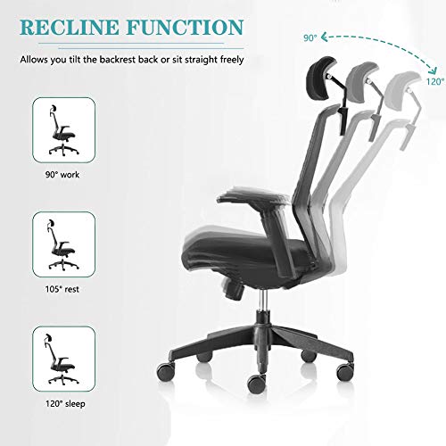 YuanKanJu Ergonomic Office Chair, Home High Back Desk Chair,Adjustable Headrest Backrest and Armrest's Mesh Office Chair with Lumbar Support and Rolling Wheels