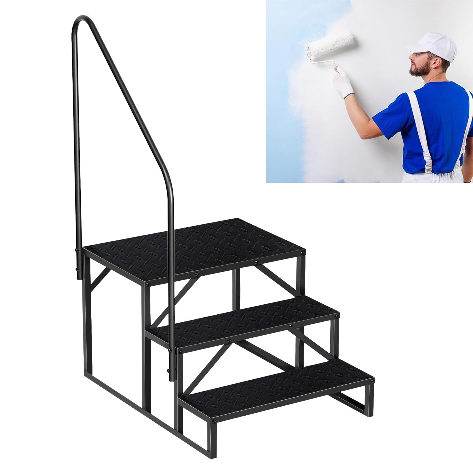 Step Stool for Adults, 3 Step Ladder Update 3.0, Hot Tub Steps Outdoor, Safety RV Steps with Handrails and Anti-Slip Pedals, Home Decor Ladder Shelf for Office, Household, Kitchen(Black, 3 Step)