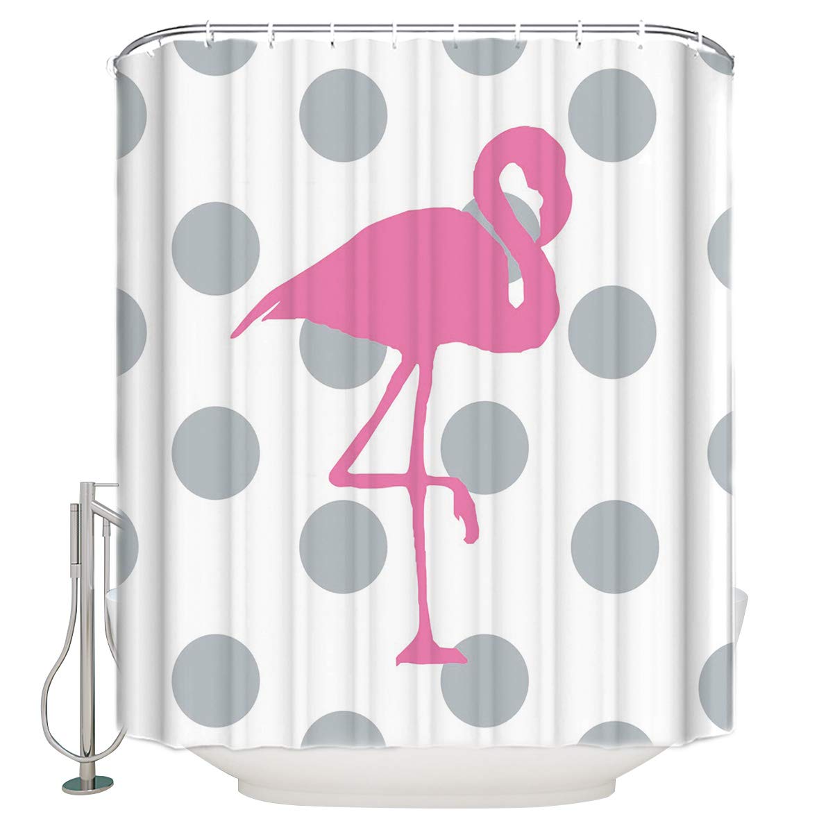 Shower Curtain Sets for Bathroom Decor with 12 Hooks, Simple Hand Painted Pink Flamingo Gary Dots 72x72 Inch Bath Curtain Washable Shower Curtain for Bathtub