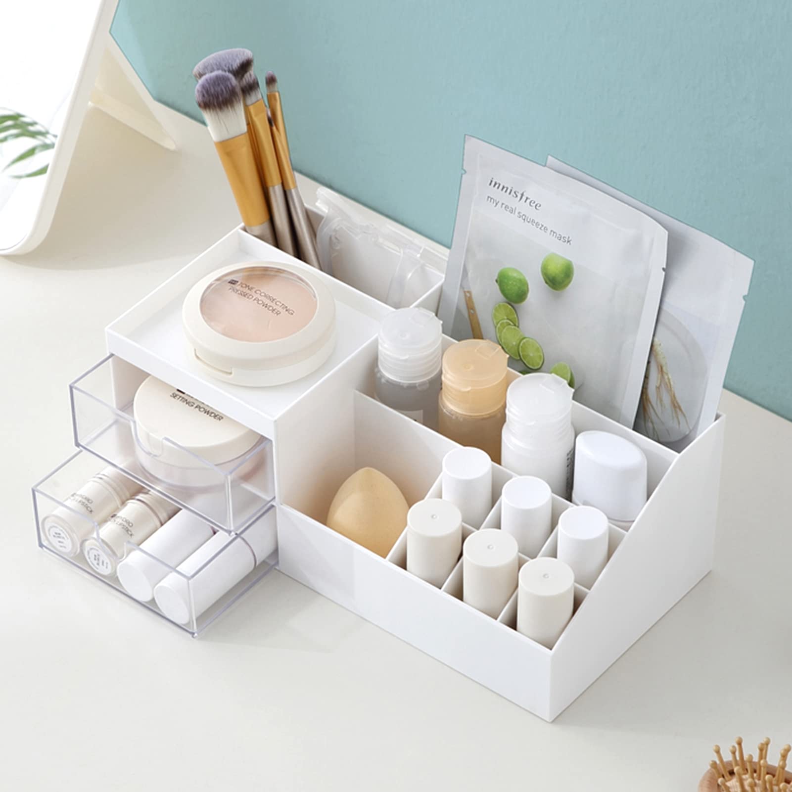 vibeross Makeup Organizer with 2 Drawers for Vanity, Desk Organizers 10 Compartments Bathroom Organizer Cosmetic Storage