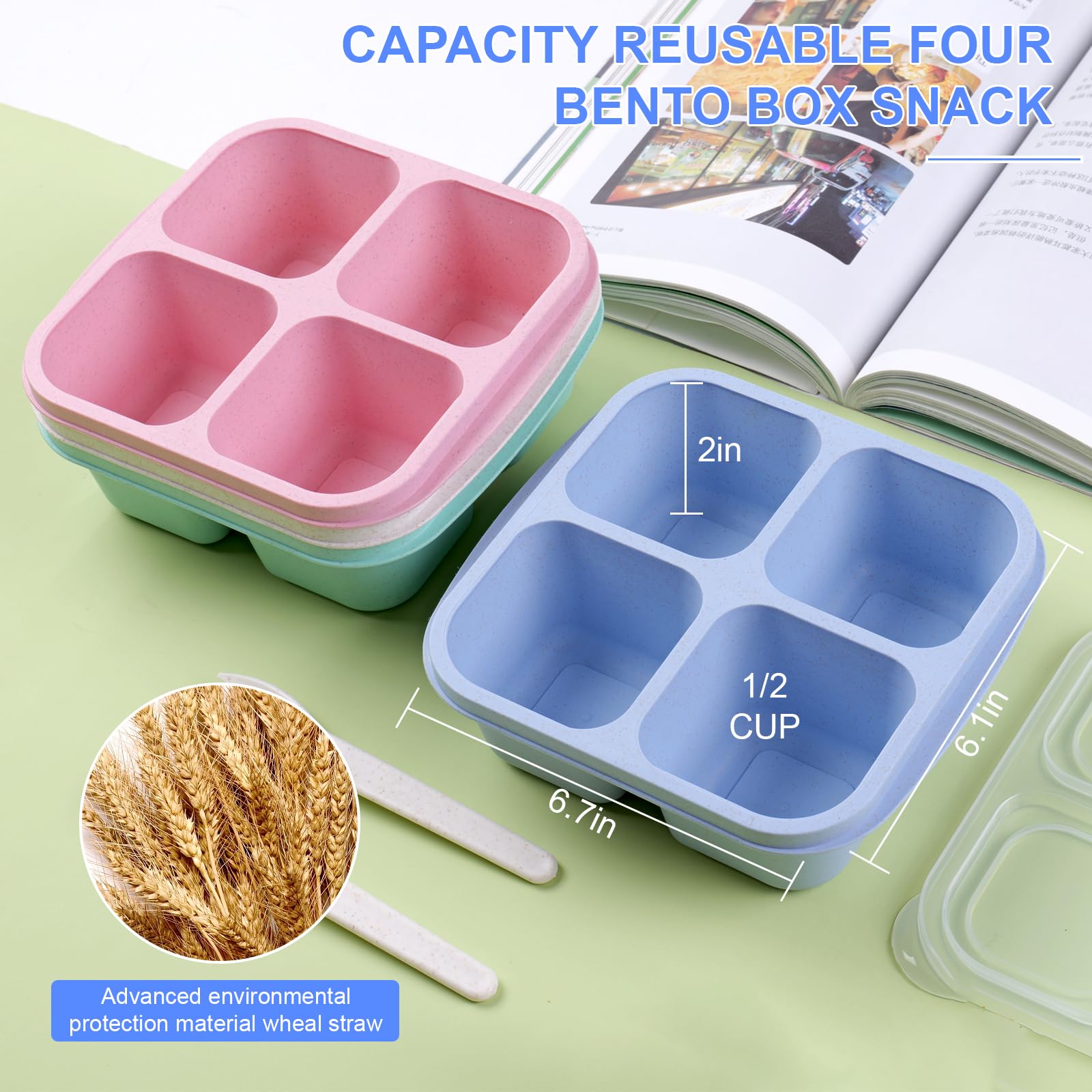 Yiows Lunch Containers, 4 Pack Snack Containers for Kids, Bento Lunch Box Meal Prep Containers Reusable for Kids and Adults, Food Storage Containers For School, Work, Travel(Wheat)