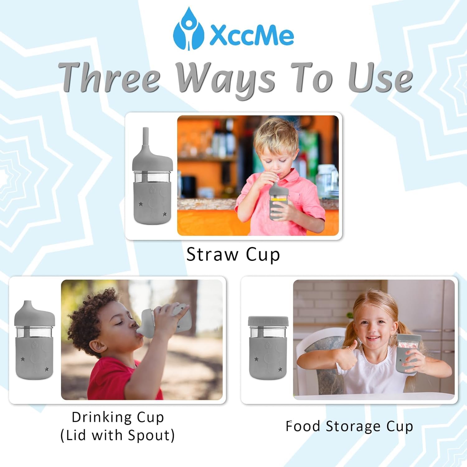 XccMe Glass Drinking Cups, 8 oz, Leak Proof Sippy Cups for Toddlers, Set of 4 with Silicone Sleeves, Lids and Straws